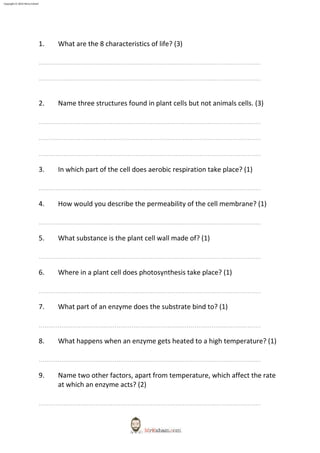 IGCSE Biology Revision Quiz - Organisms and Life Processes | PDF