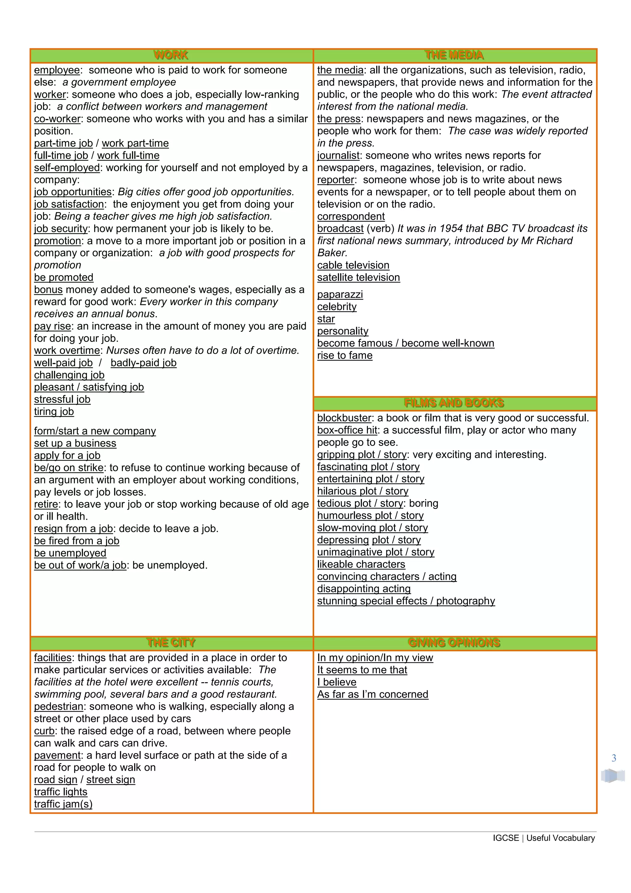 Useful vocabulary for the IGCSE examination | PDF