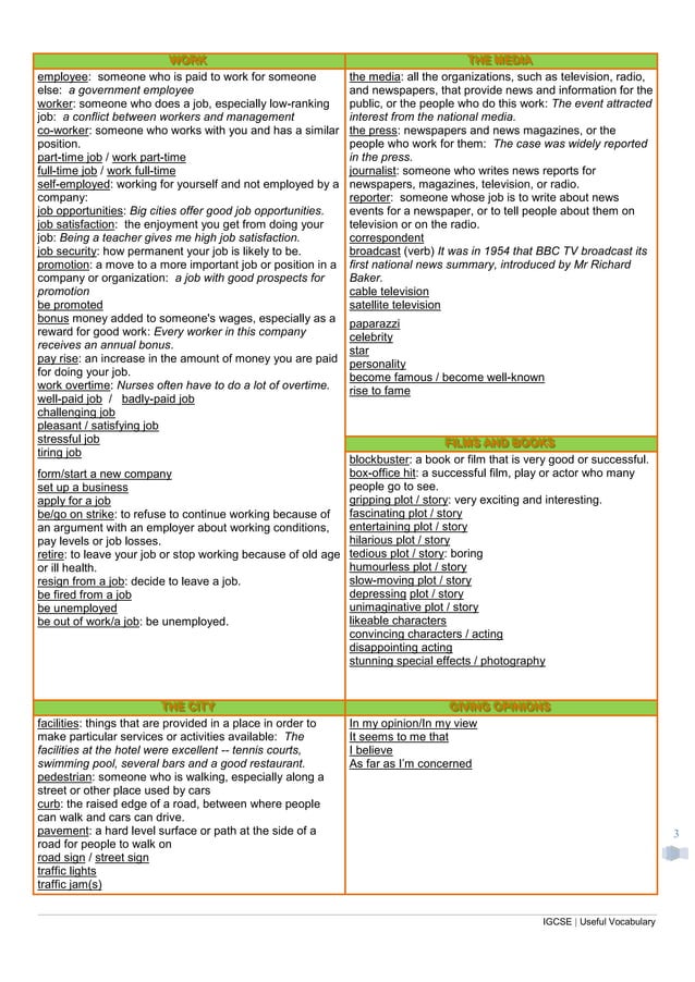 Useful vocabulary for the IGCSE examination | PDF
