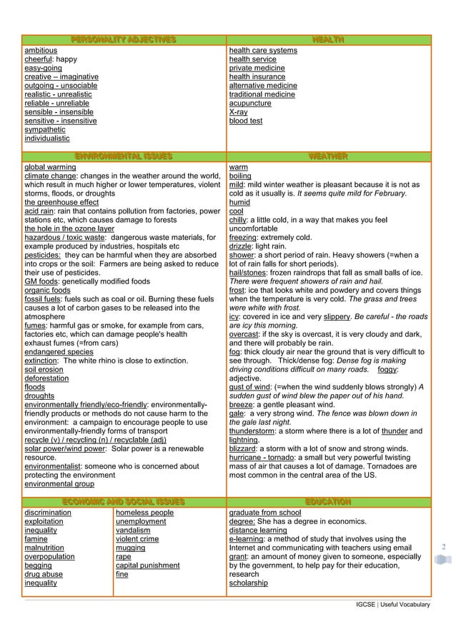 Useful vocabulary for the IGCSE examination