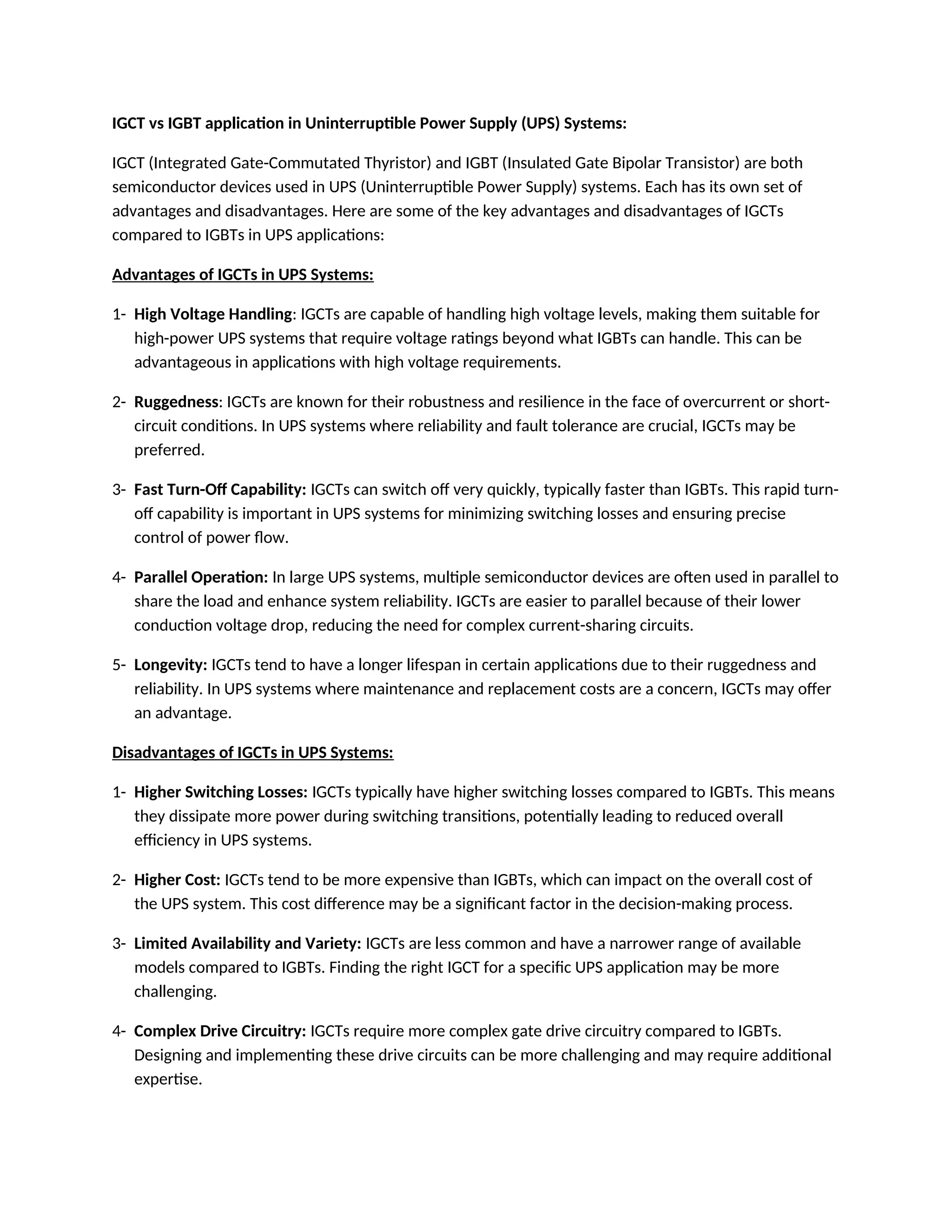 IGCT vs IGBT application in UPS Systems: | DOCX