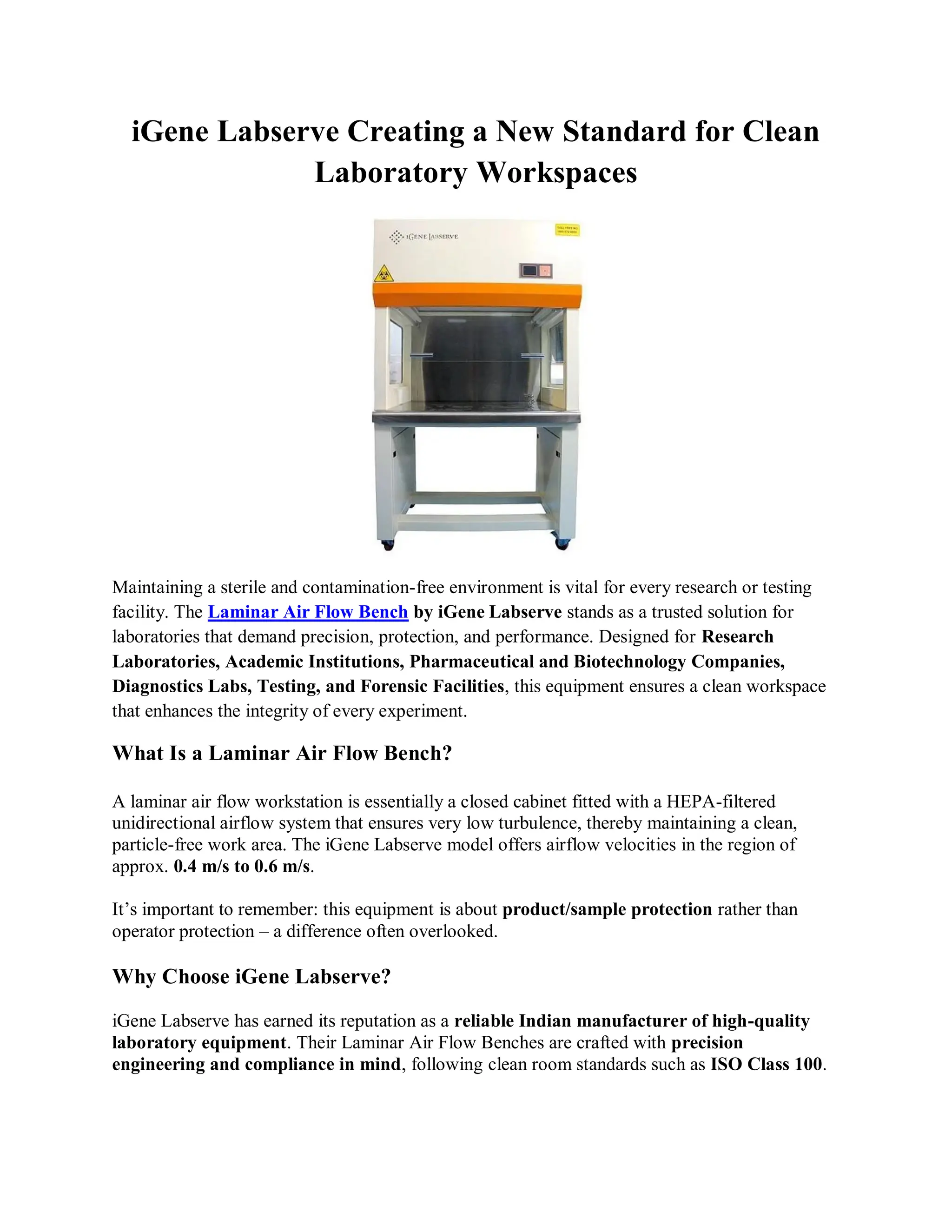 iGene Labserve Creating a New Standard for Clean Laboratory Workspaces ...