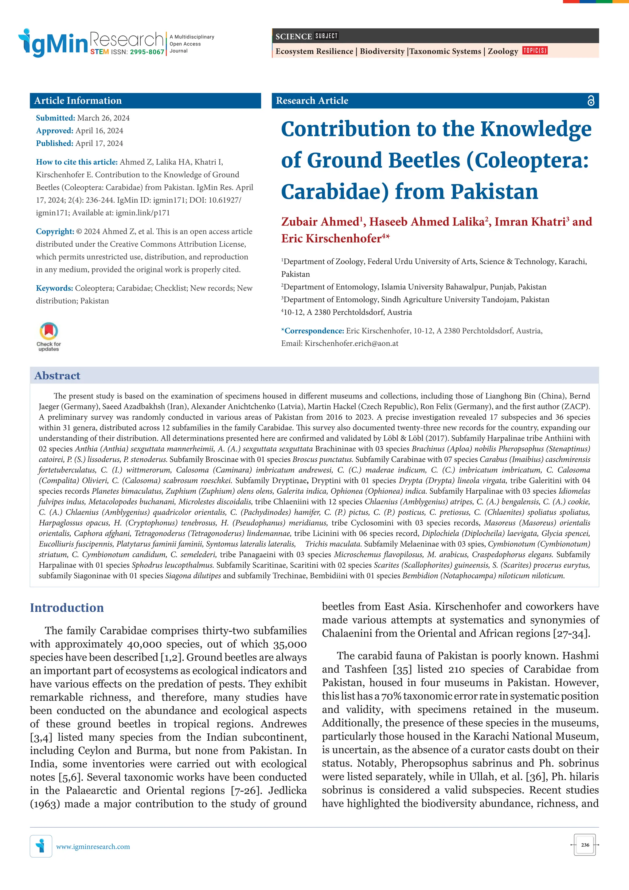 "Ground Beetles of Pakistan: Insights into Diversity and Distribution ...