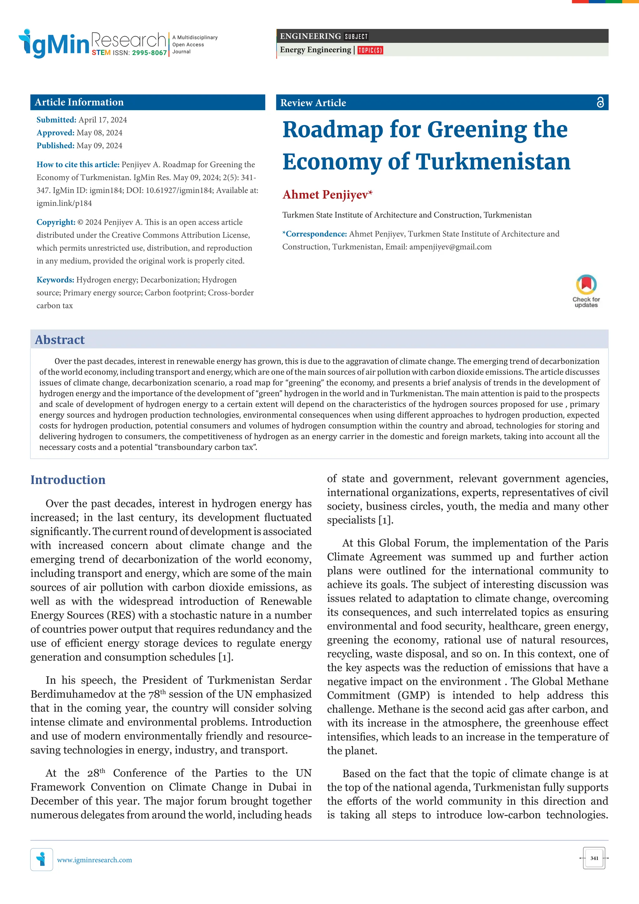 "Turkmenistan’s Path to Green Growth and Climate Resilience" | PDF