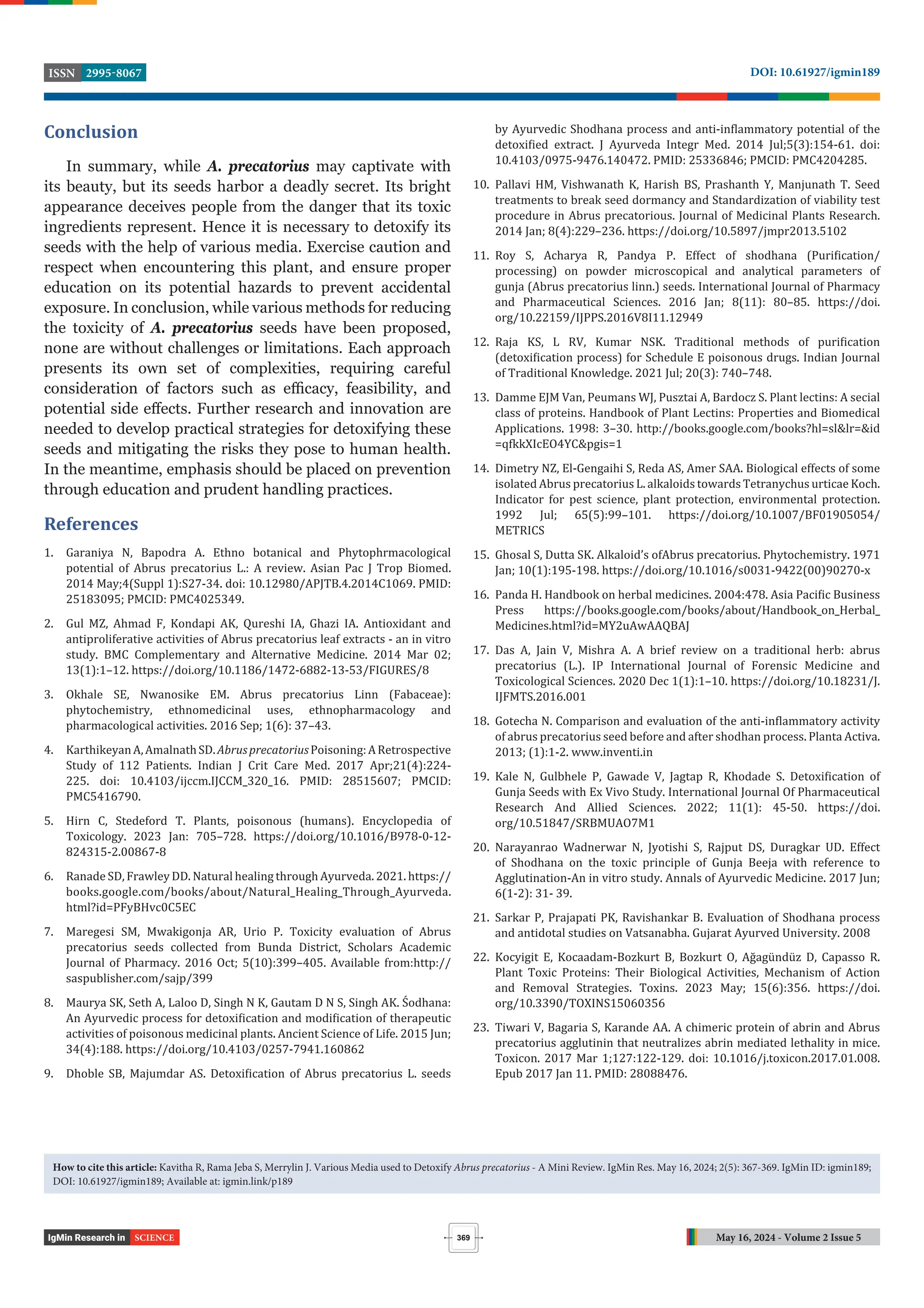 Abrus precatorius Unveiled: Techniques to Mitigate Toxicity | PDF