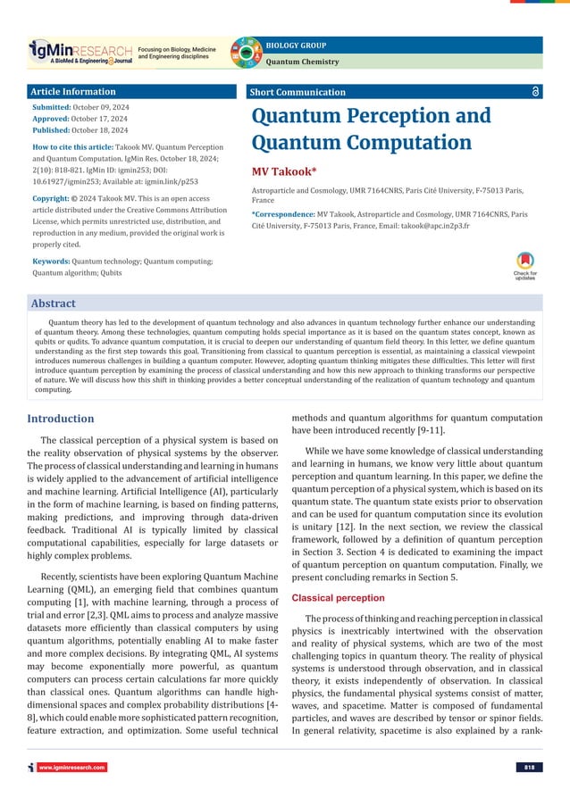 "Exploring Quantum Perception and Advanced Quantum Computing Techniques" | PDF