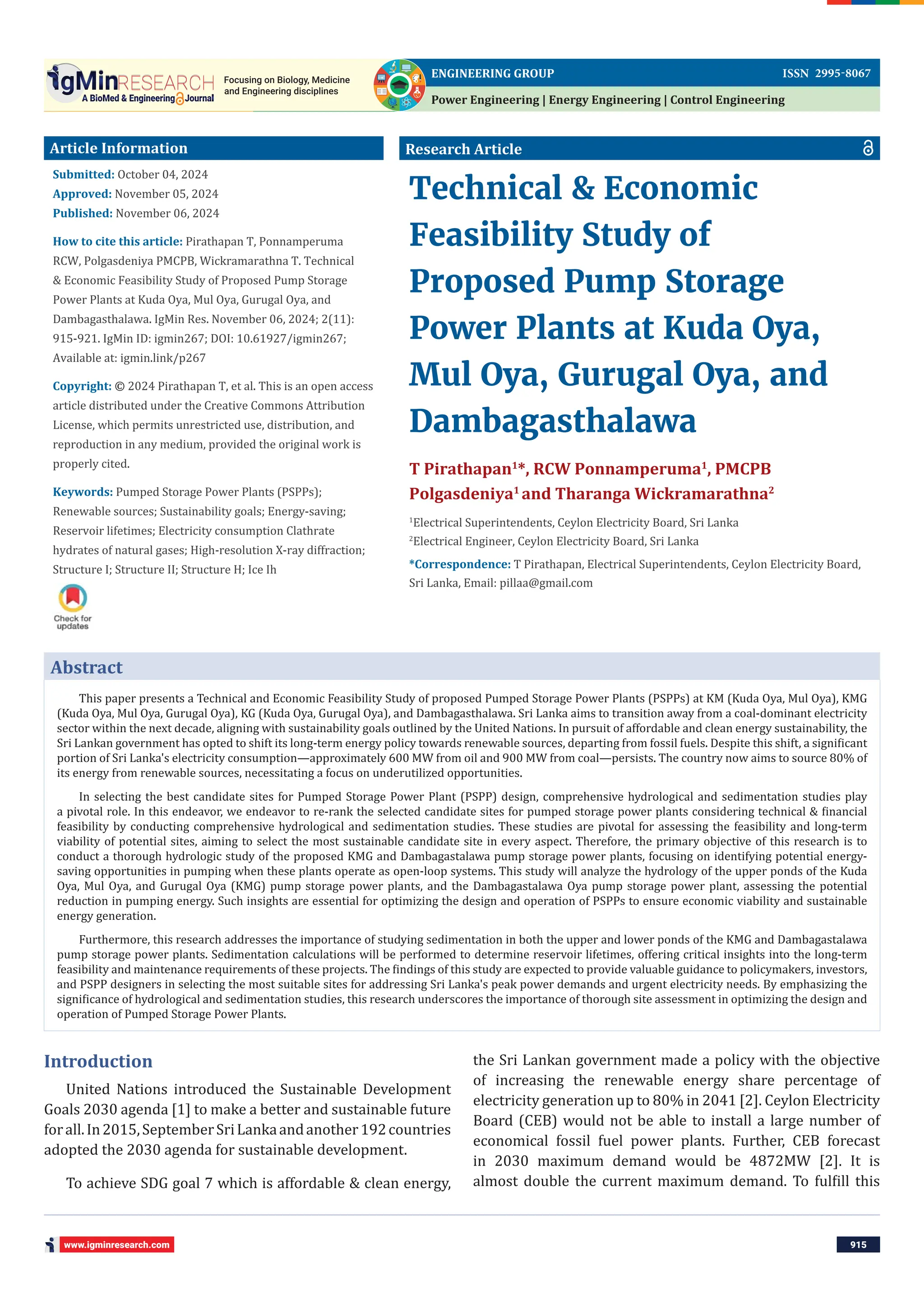 Technical & Economic Feasibility Study of Proposed Pump Storage Power ...