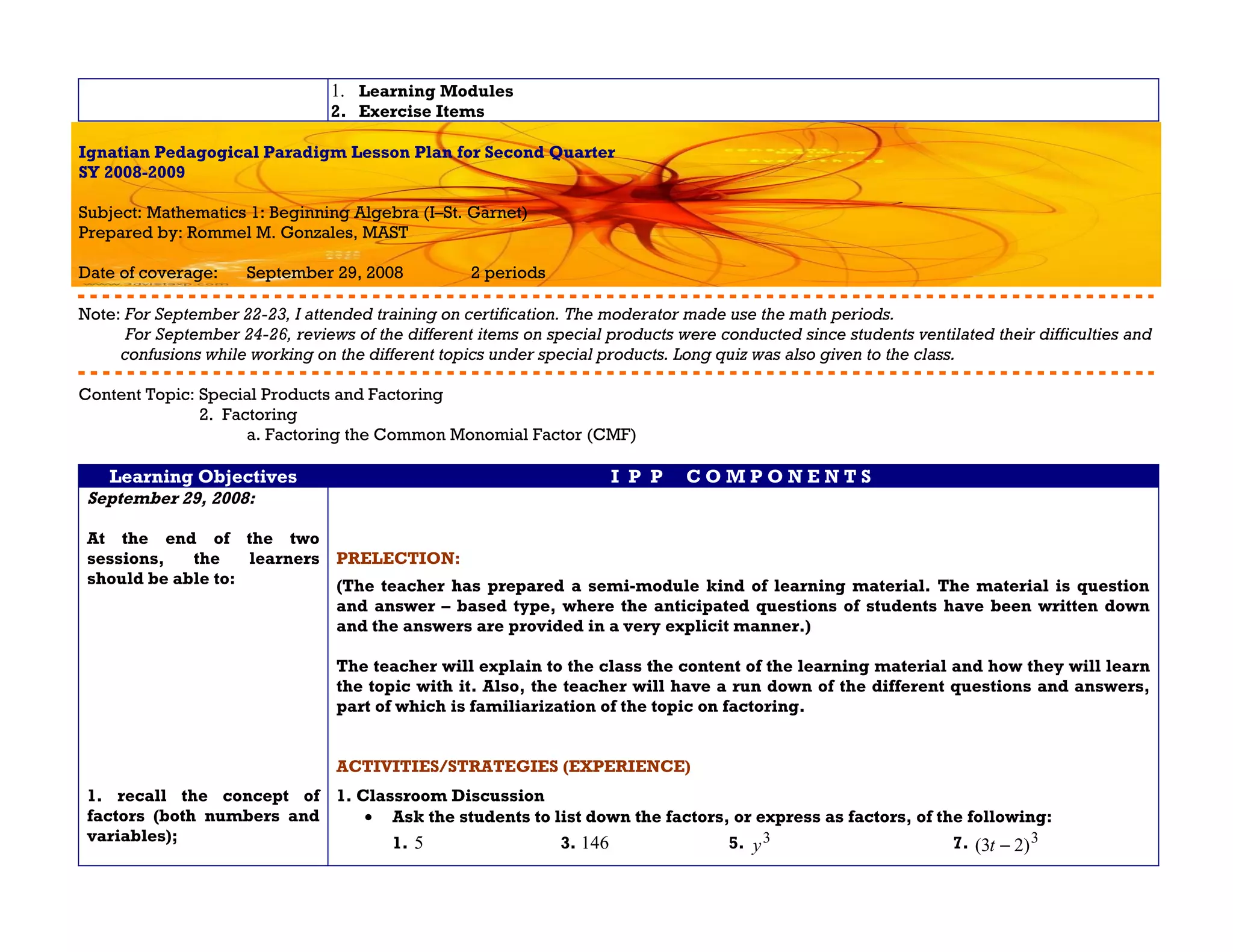 Ignatian pedagogical paradigm lesson plan on special products and ...