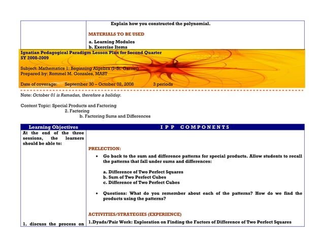 Ignatian pedagogical paradigm lesson plan on special products and ...