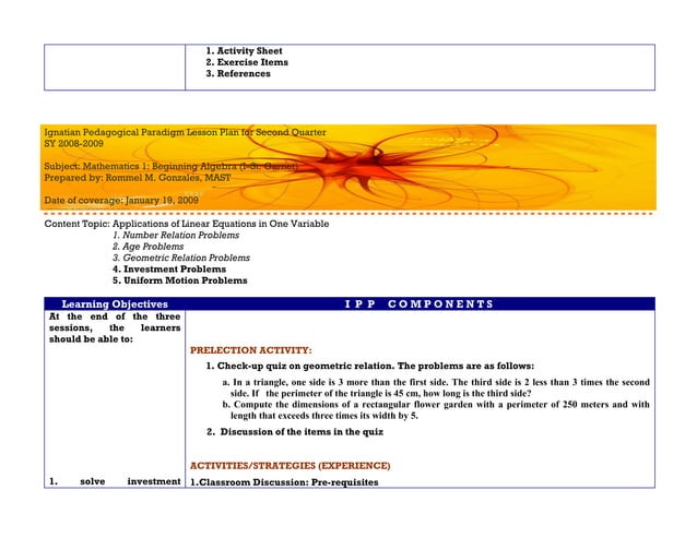 Ignatian pedagogical paradigm lesson plan on special products and ...