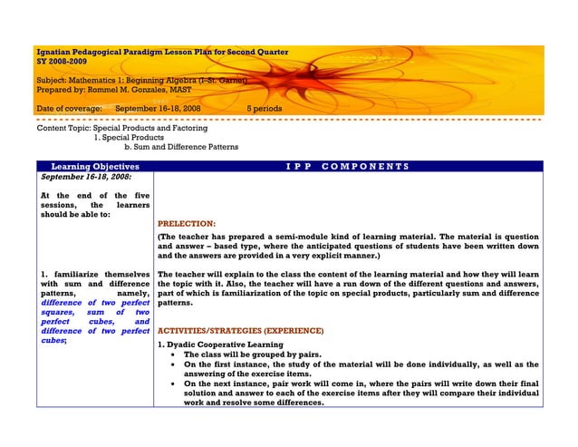 Ignatian pedagogical paradigm lesson plan on special products and ...