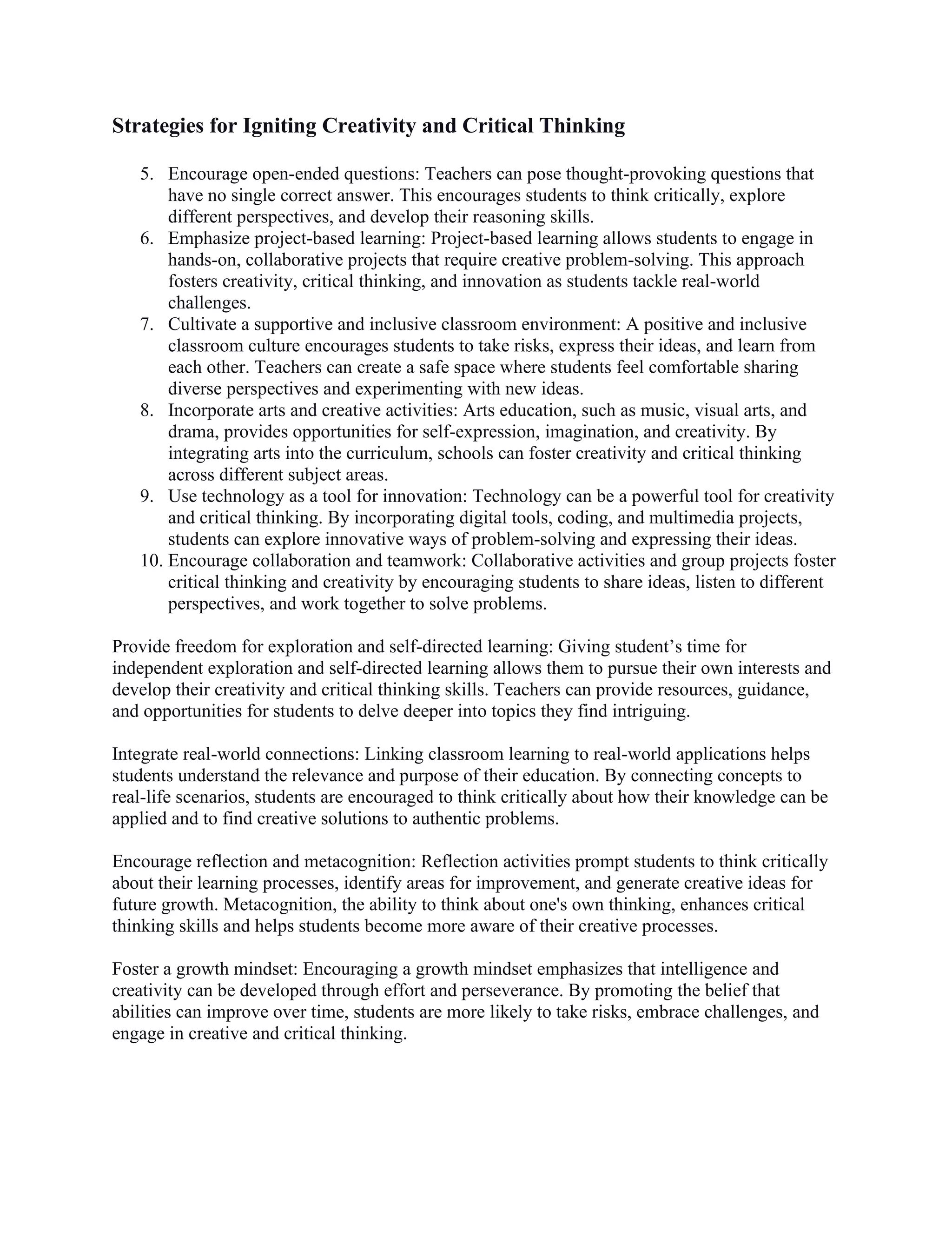 Igniting Creativity and Critical Thinking in Students | PDF