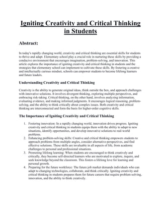 Igniting Creativity and Critical Thinking in Students | PDF