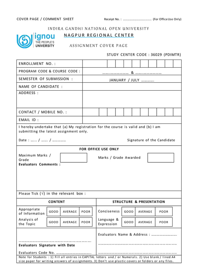 Ignou assignment front cover page | DOCX | Education