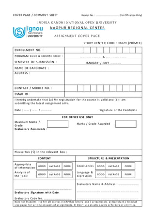 Ignou assignment front cover page | PDF