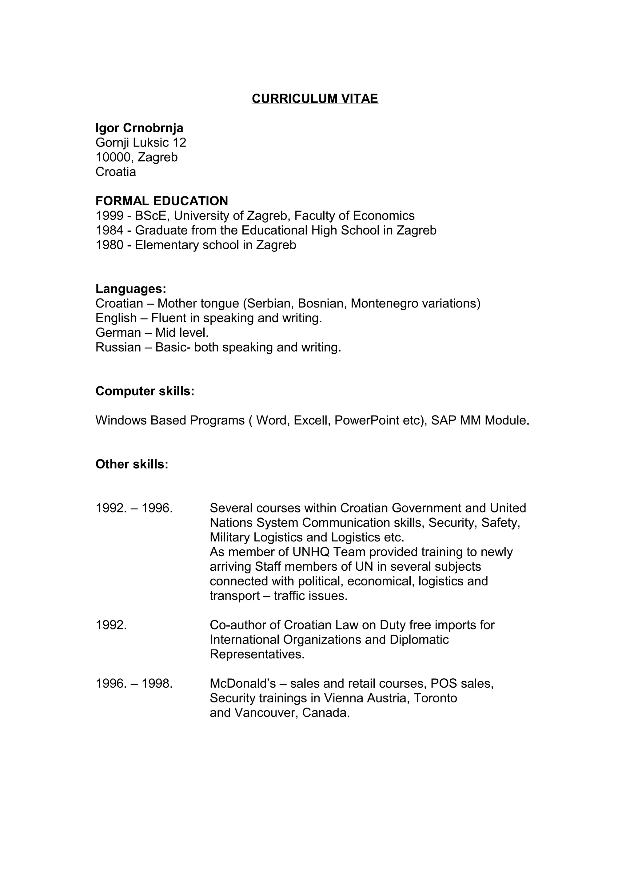 Igor crnobrnja cv | DOC