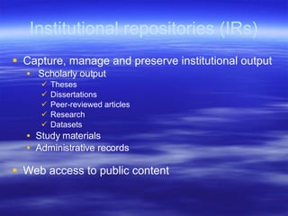 Bluffer's Guide to Institutional Repositories | PPT