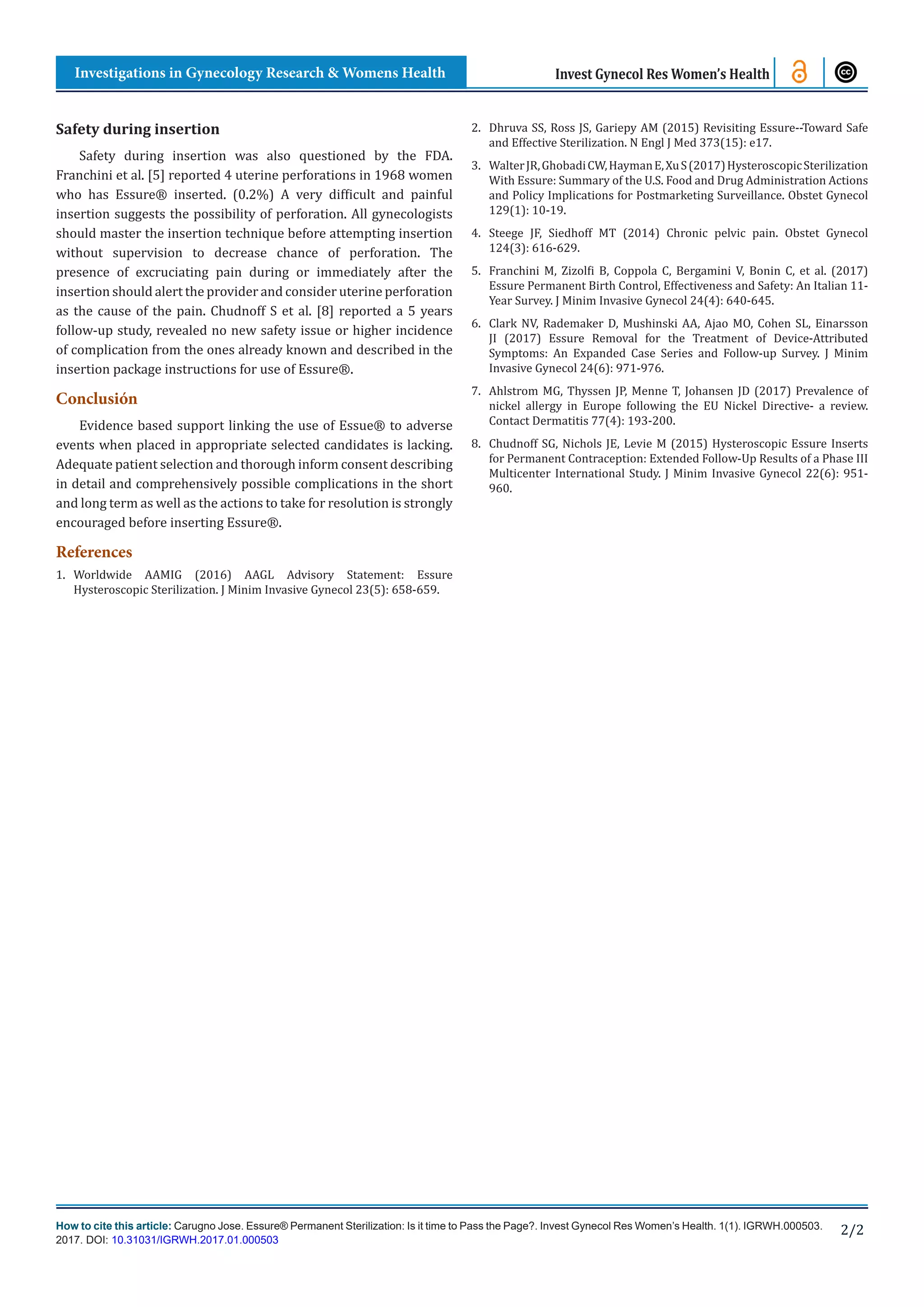 Essure® Permanent Sterilization: Is it time to Pass the Page? | PDF