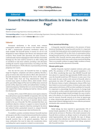 Essure® Permanent Sterilization: Is it time to Pass the Page? | PDF