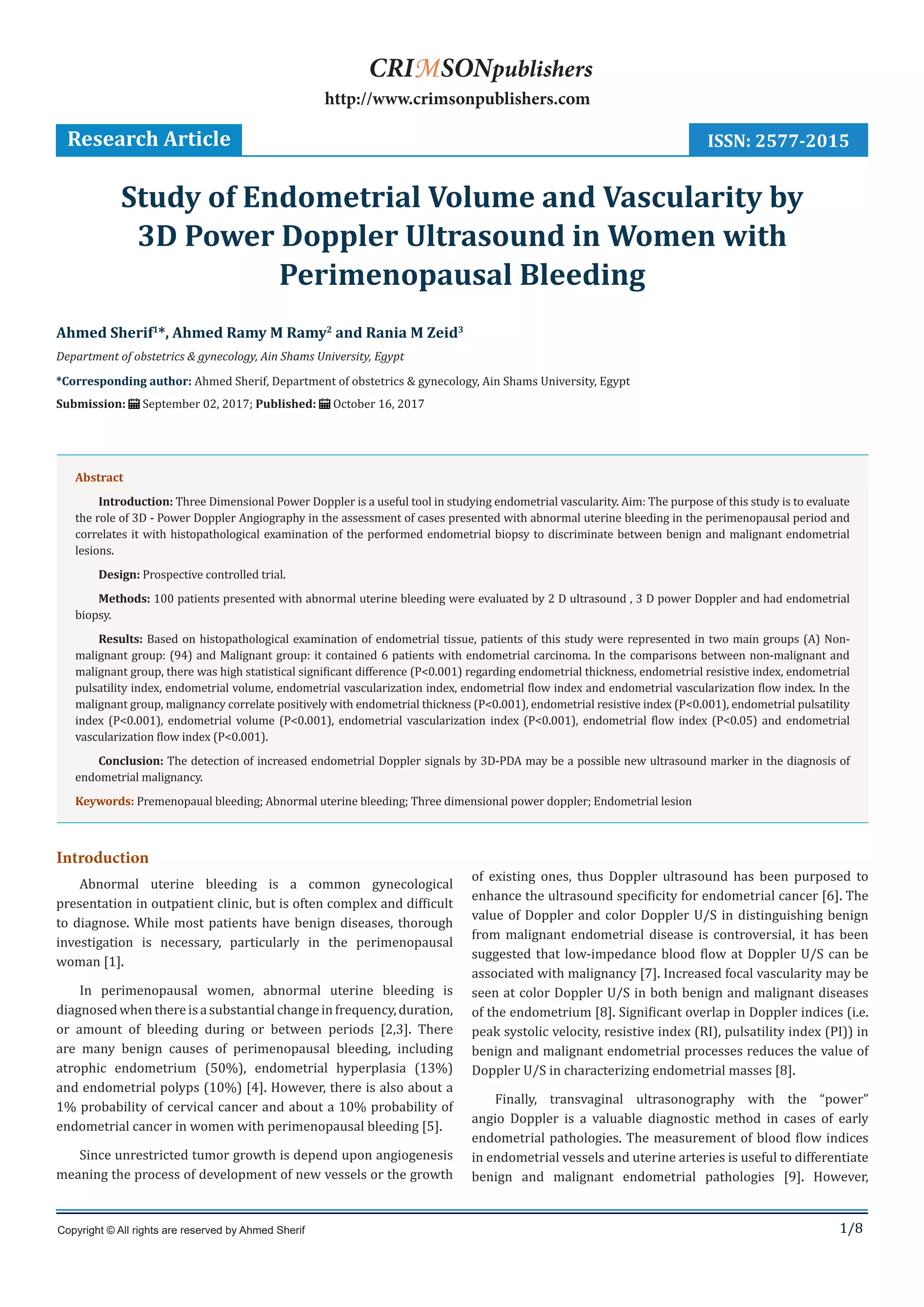 Study of Endometrial Volume and Vascularity by 3D Power Doppler ...