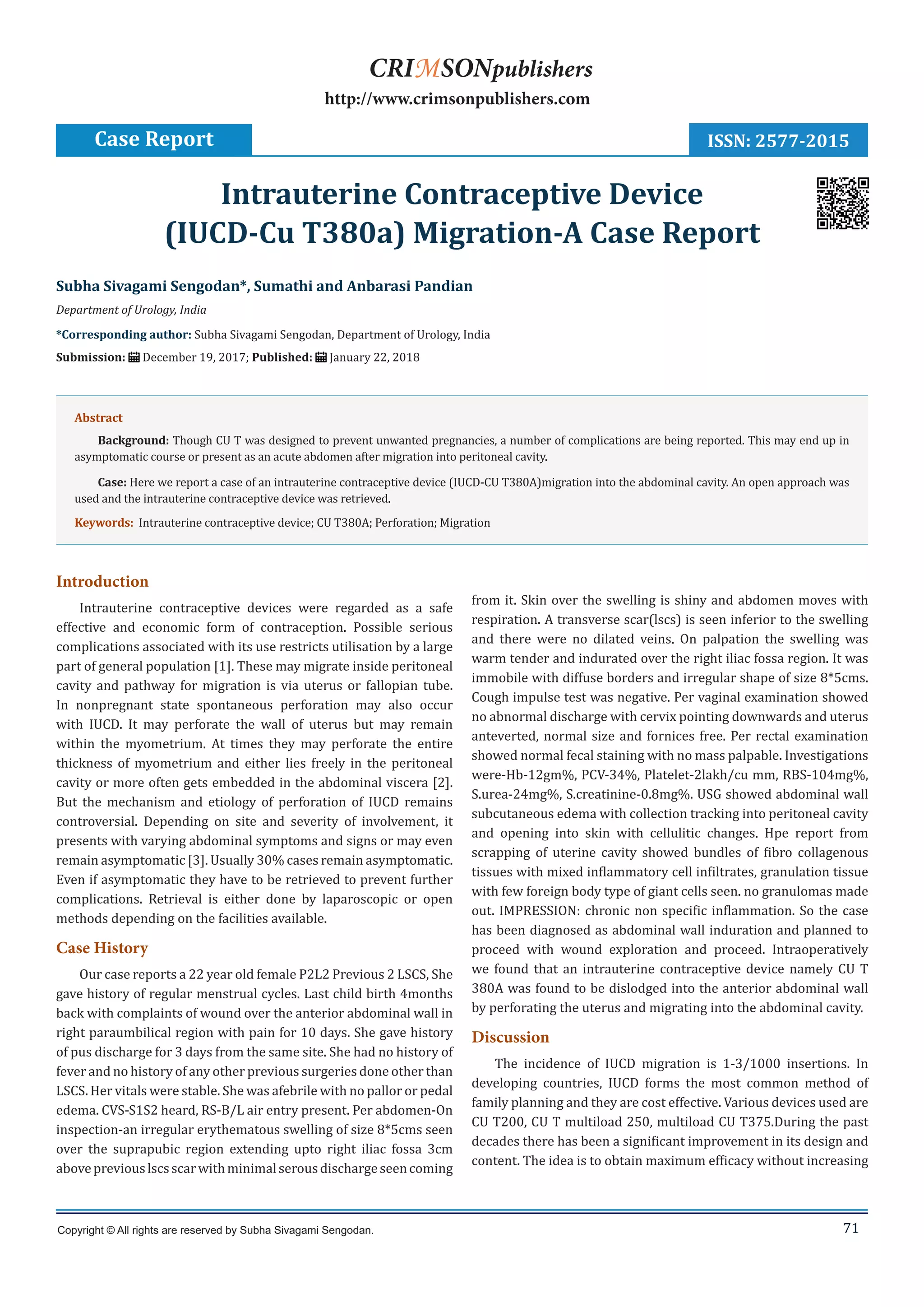 Intrauterine Contraceptive Device (IUCD-Cu T380a) Migration-A Case ...