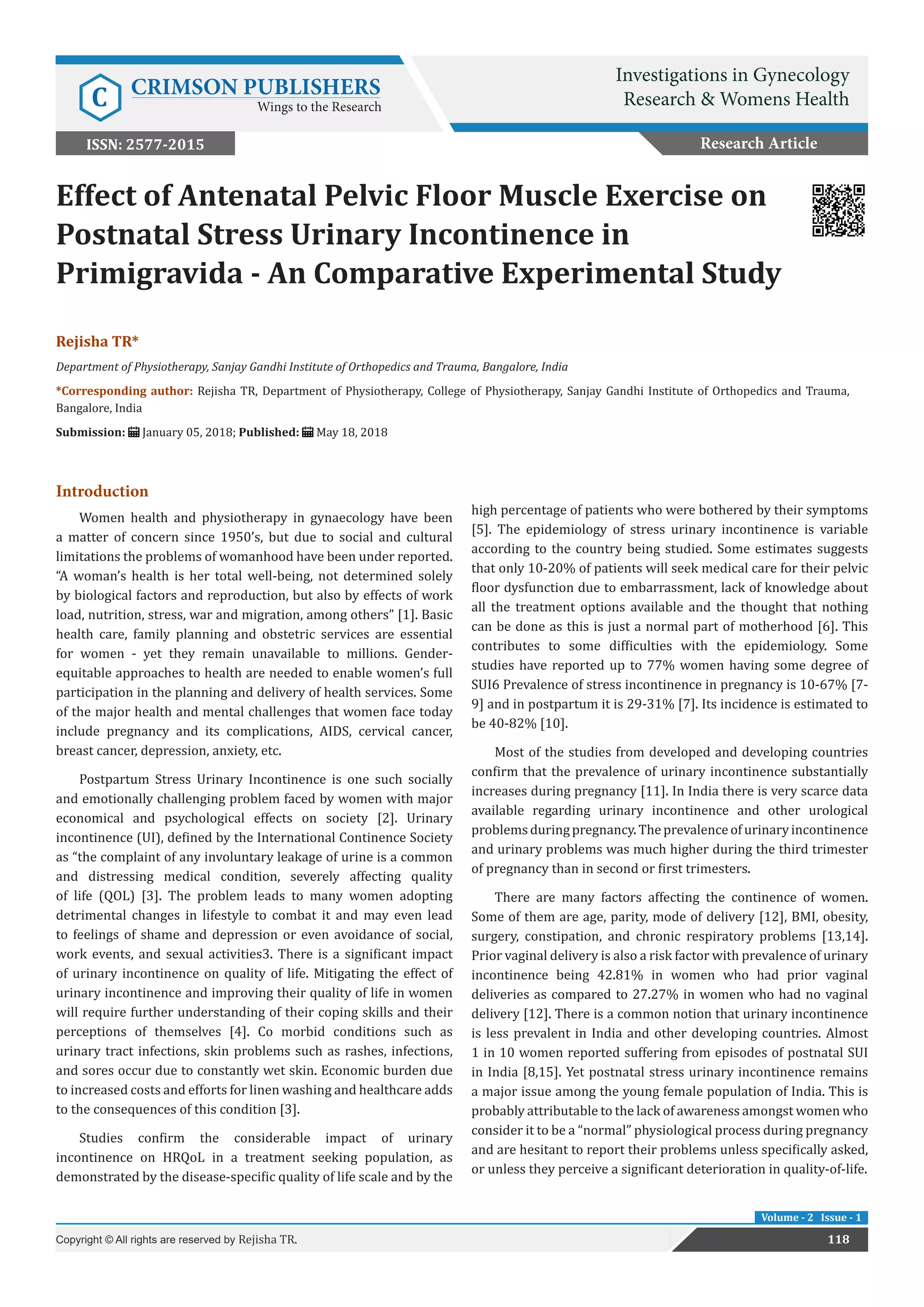 Effect of Antenatal Pelvic Floor Muscle Exercise on Postnatal Stress Urinary Incontinence in ...