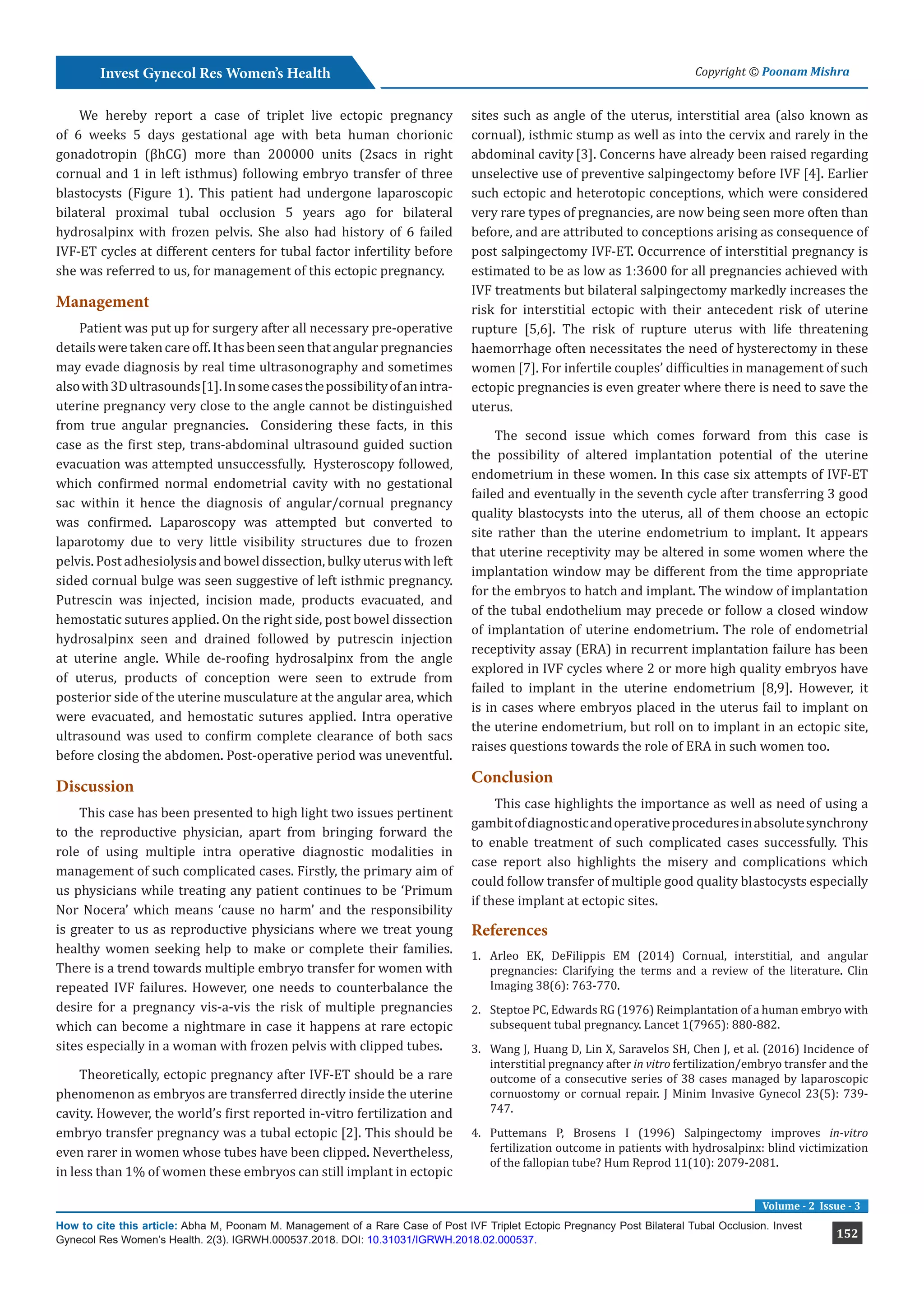 Management Of A Rare Case Of Post Ivf Triplet Ectopic Pregnancy Post