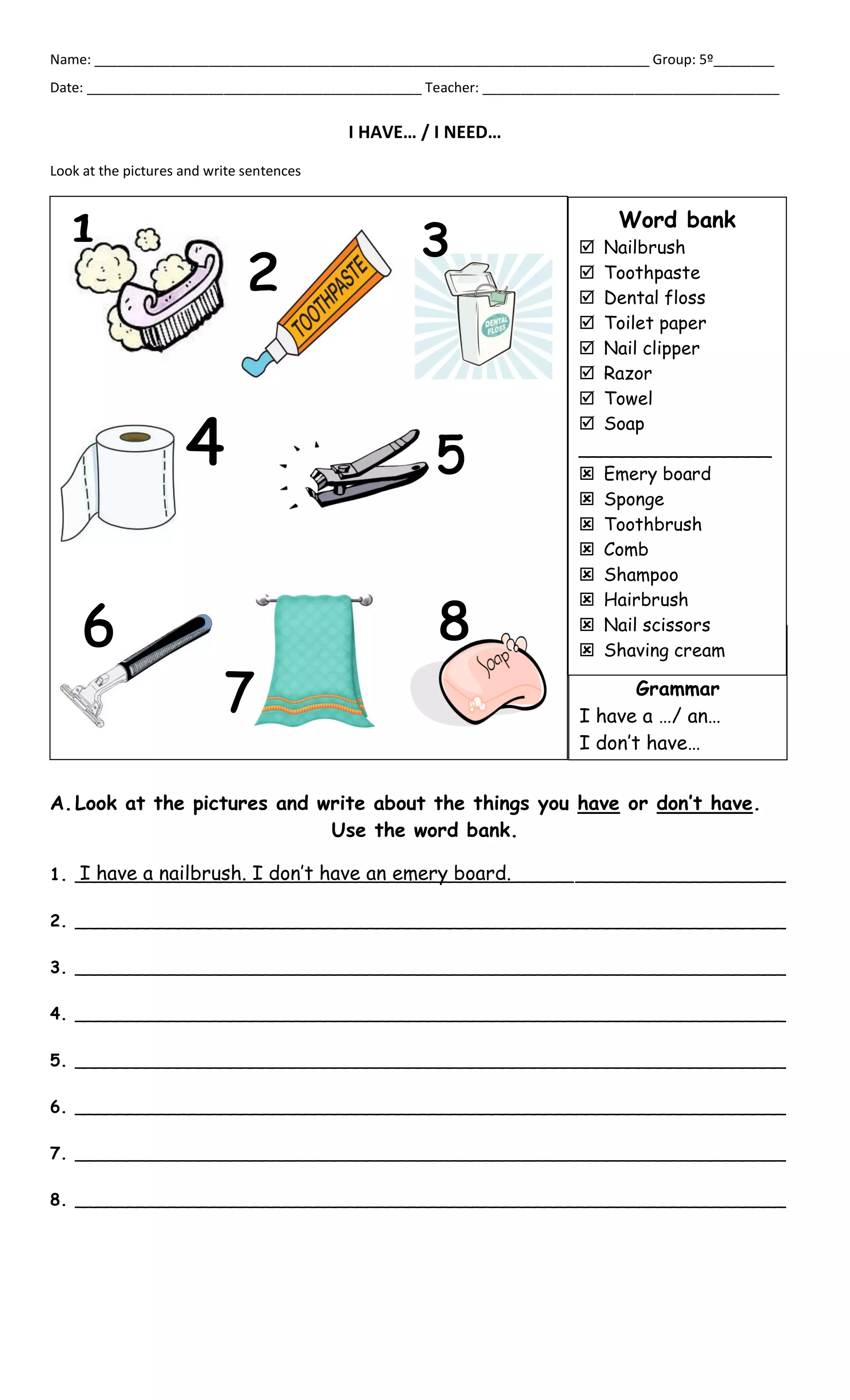 Worksheet 1- I have / I need | PDF