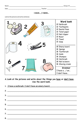 Worksheet 1- I have / I need | PDF