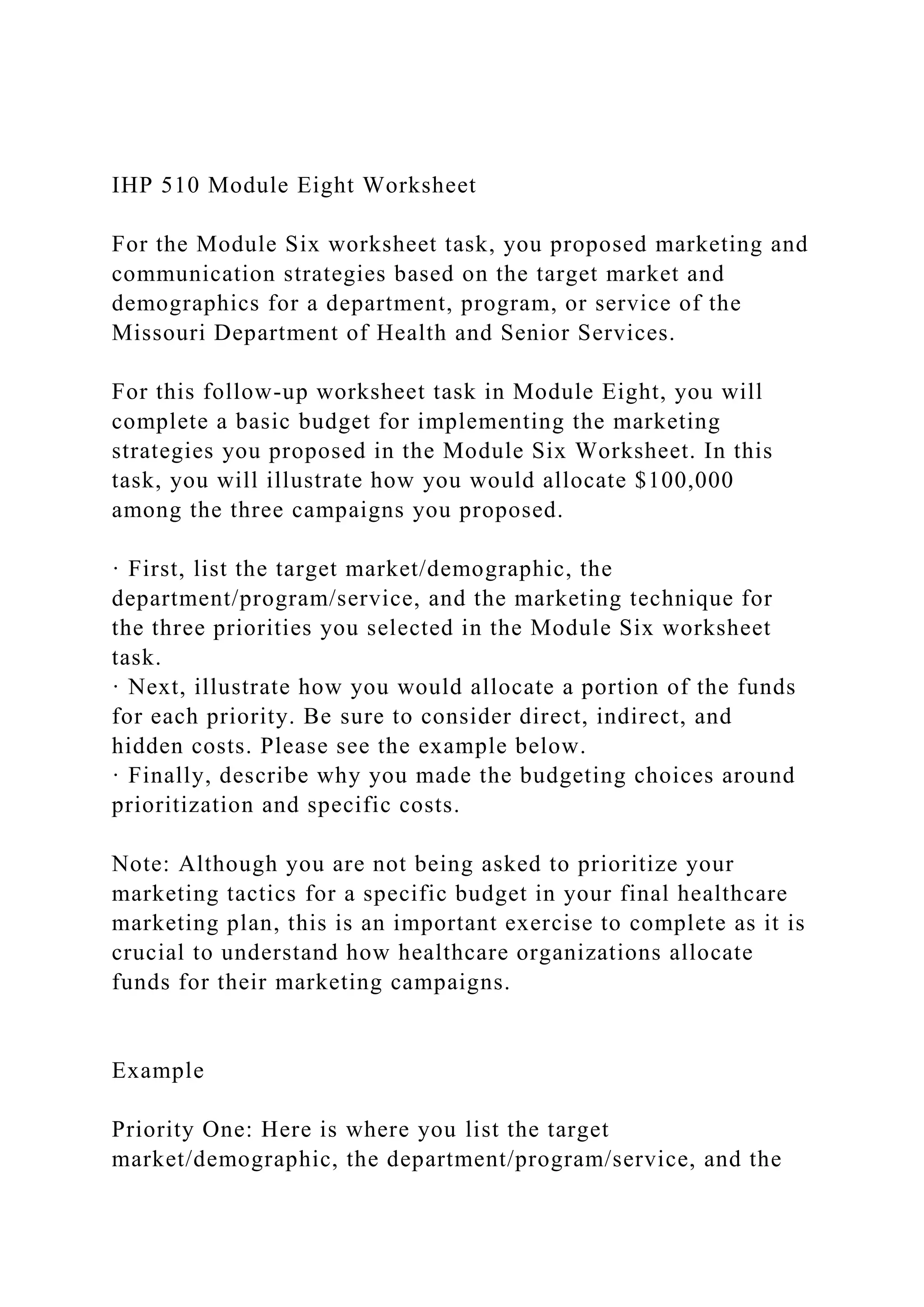 IHP 510 Module Eight WorksheetFor the Module Six worksheet tas.docx