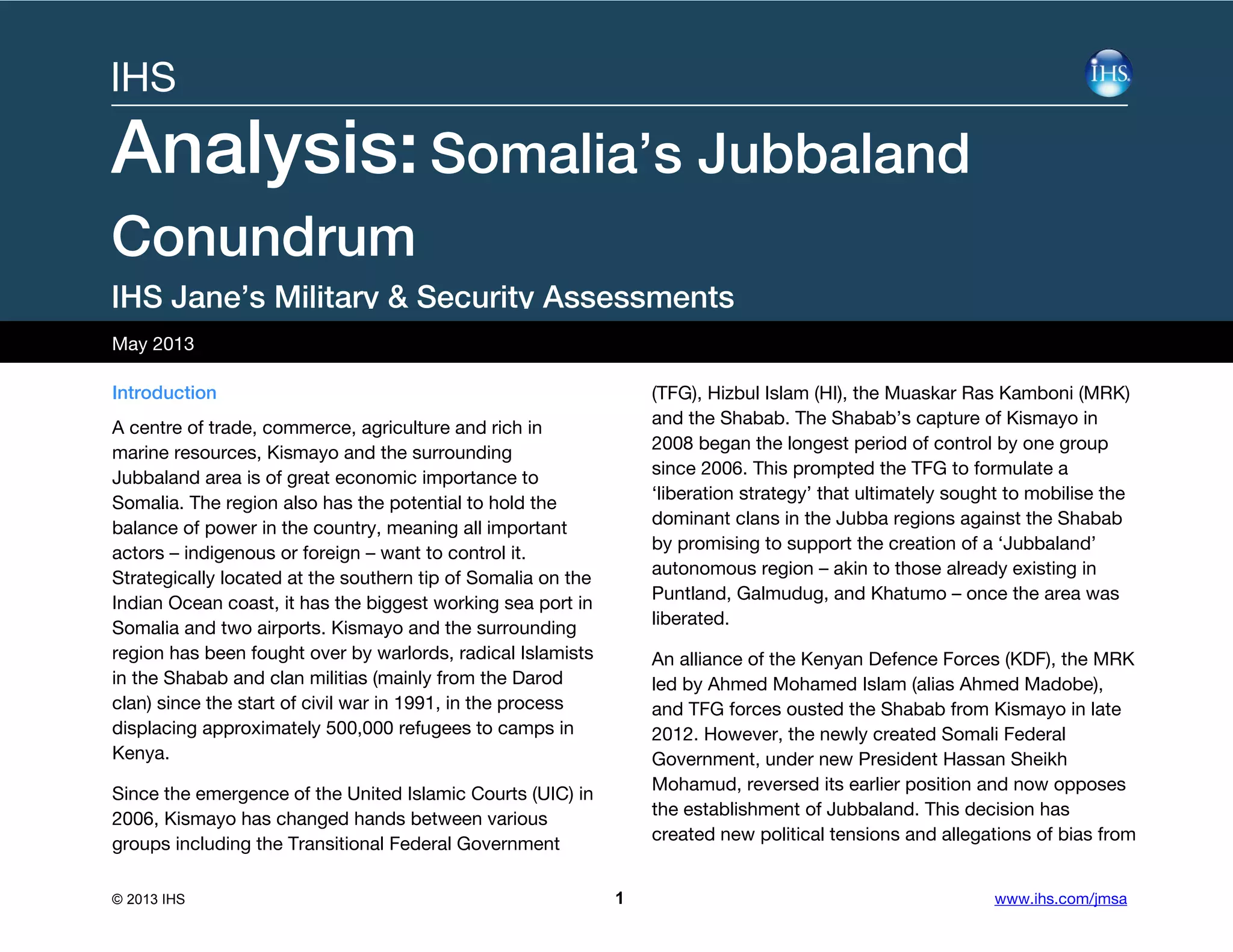 IHS Analysis - Somalia's Jubbaland Conundrum | PDF