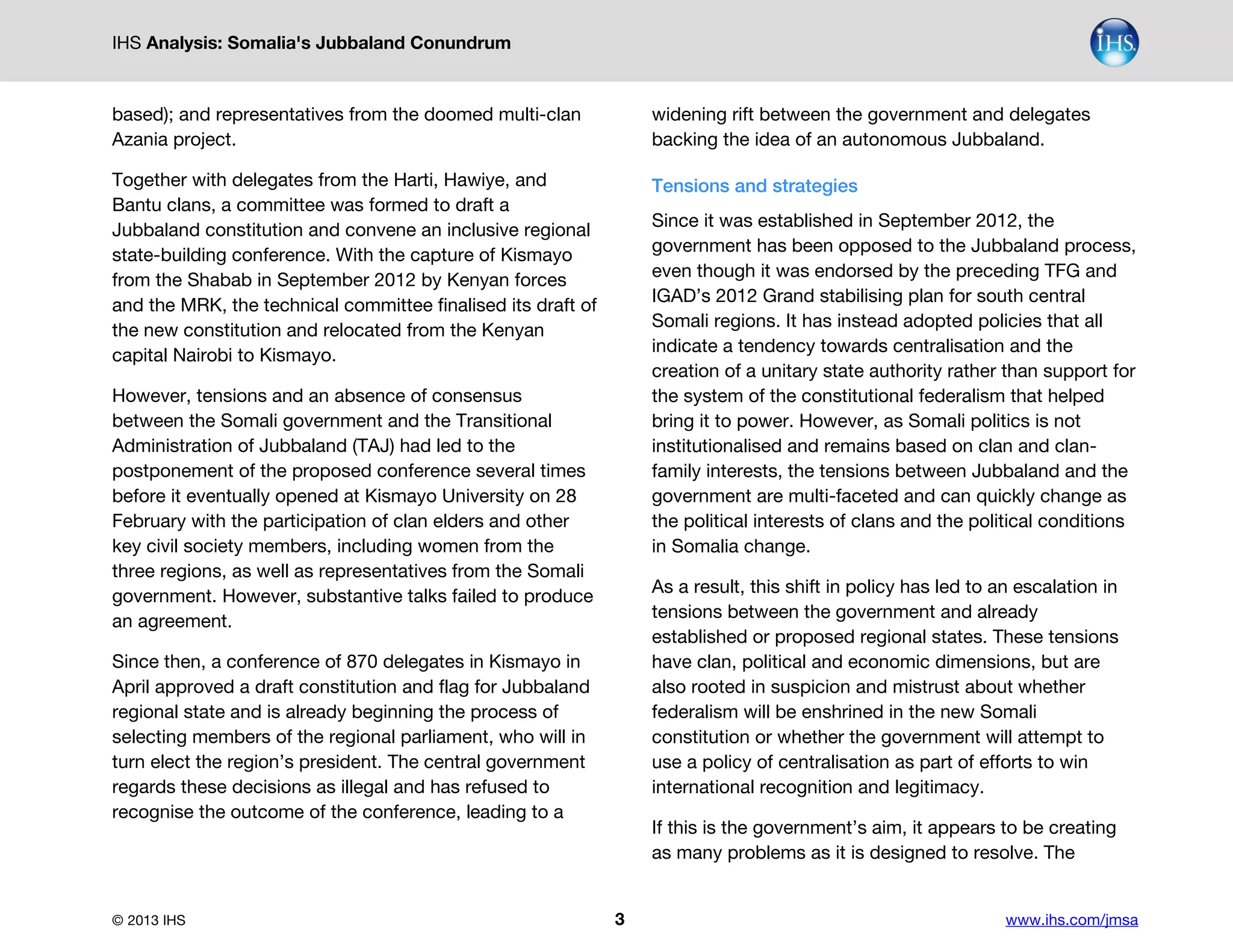 IHS Analysis - Somalia's Jubbaland Conundrum | PDF