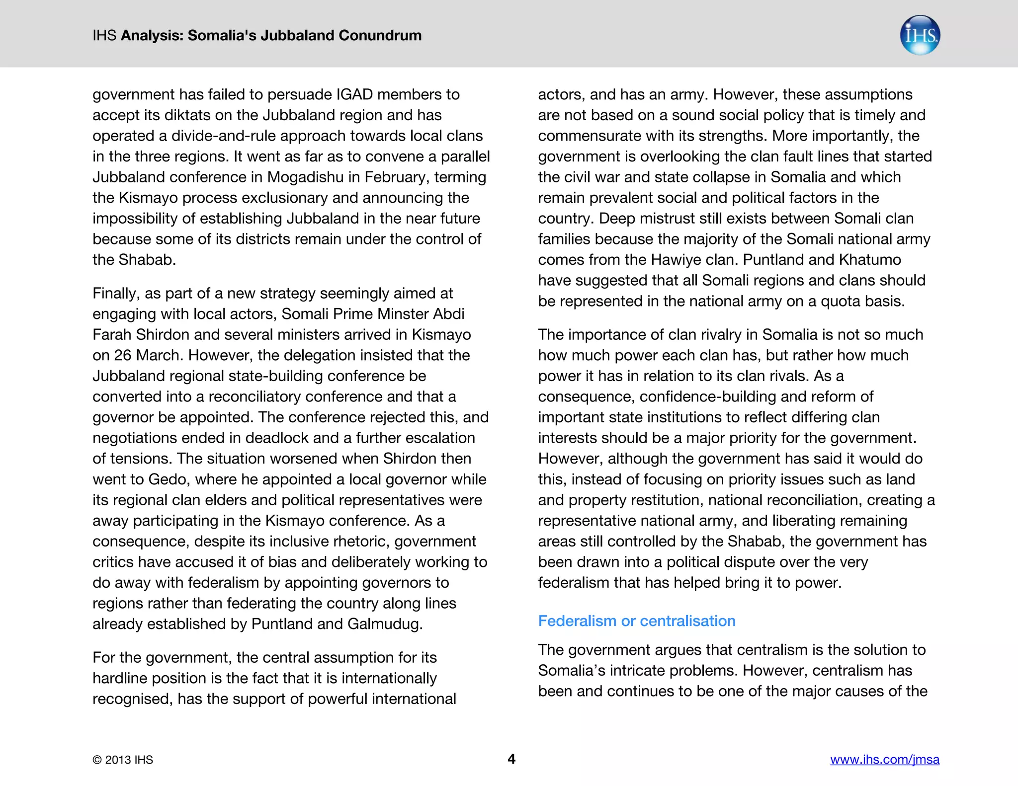IHS Analysis - Somalia's Jubbaland Conundrum | PDF
