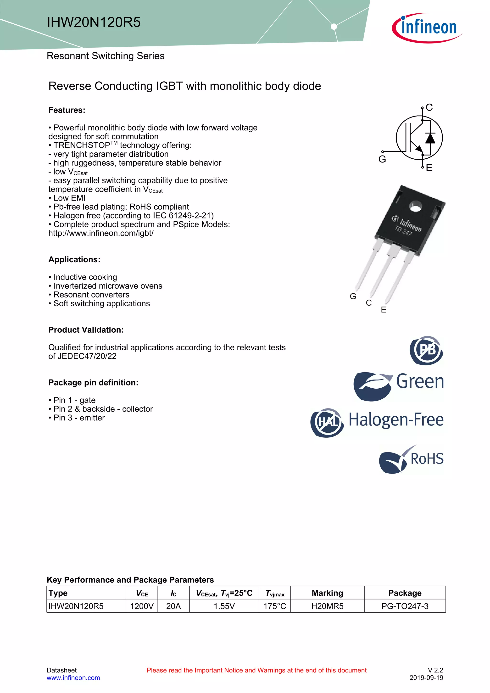 Original IGBT IHW20N120R5 H20MR5 40A 1200V TO-247 New Infineon | PDF