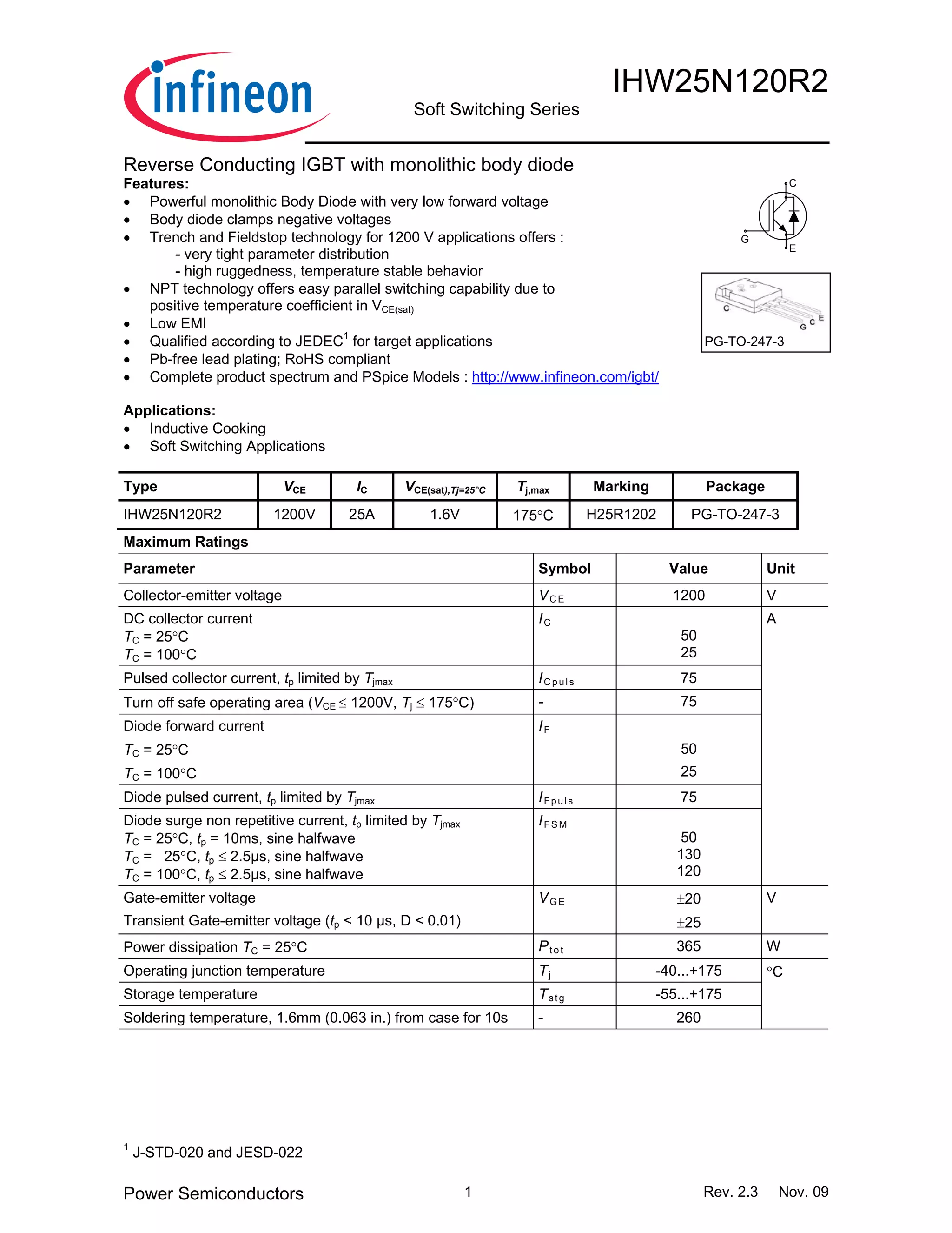 Original IGBT Transistor IHW25N1202R2 H25R1202 25A 1200V TO-247 New Infineon Technologies | PDF