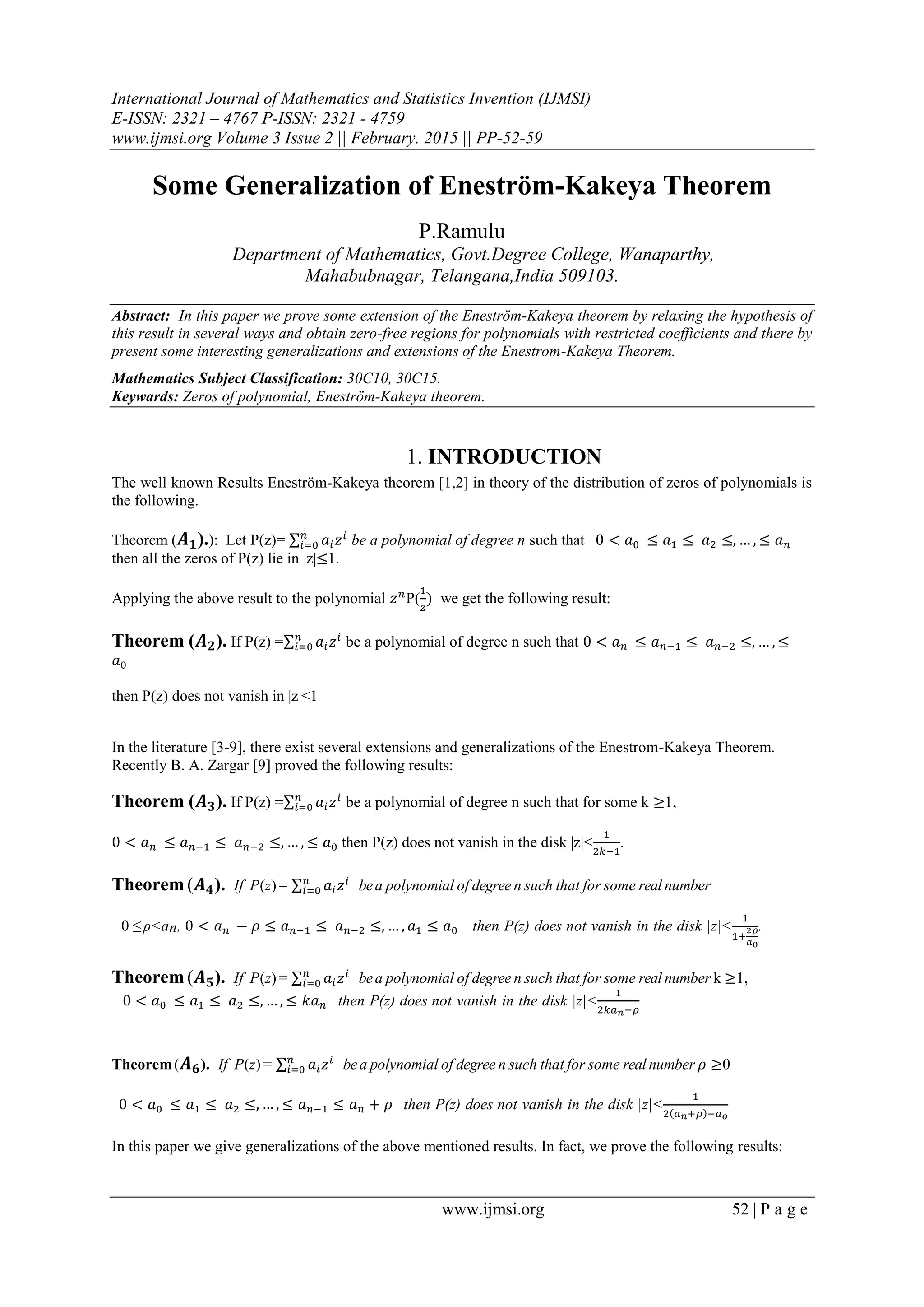 Some Generalization of Eneström-Kakeya Theorem | PDF