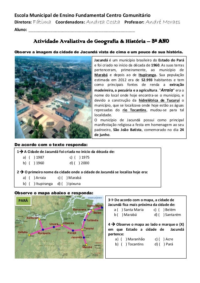 Atividade avaliatíva de geo e hist 3º ano pdf