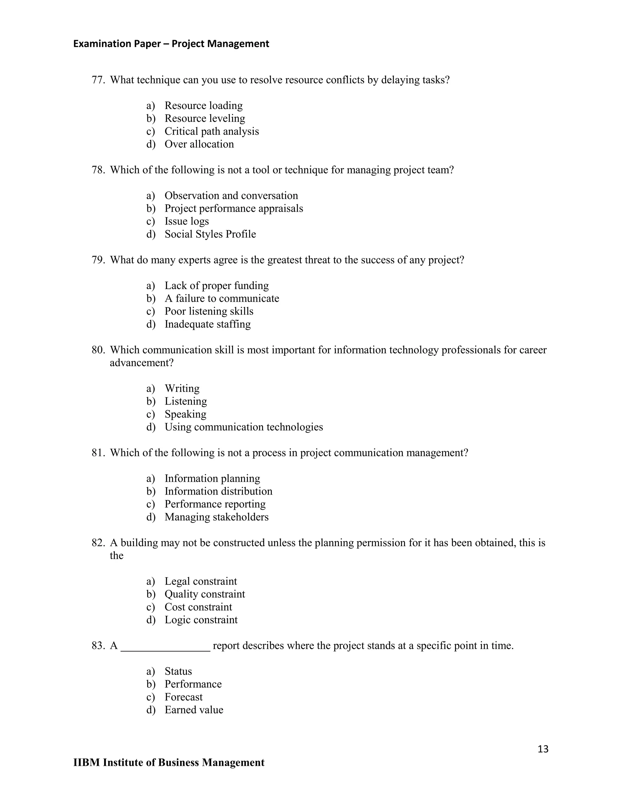 Iibm examination paper of project management | PDF
