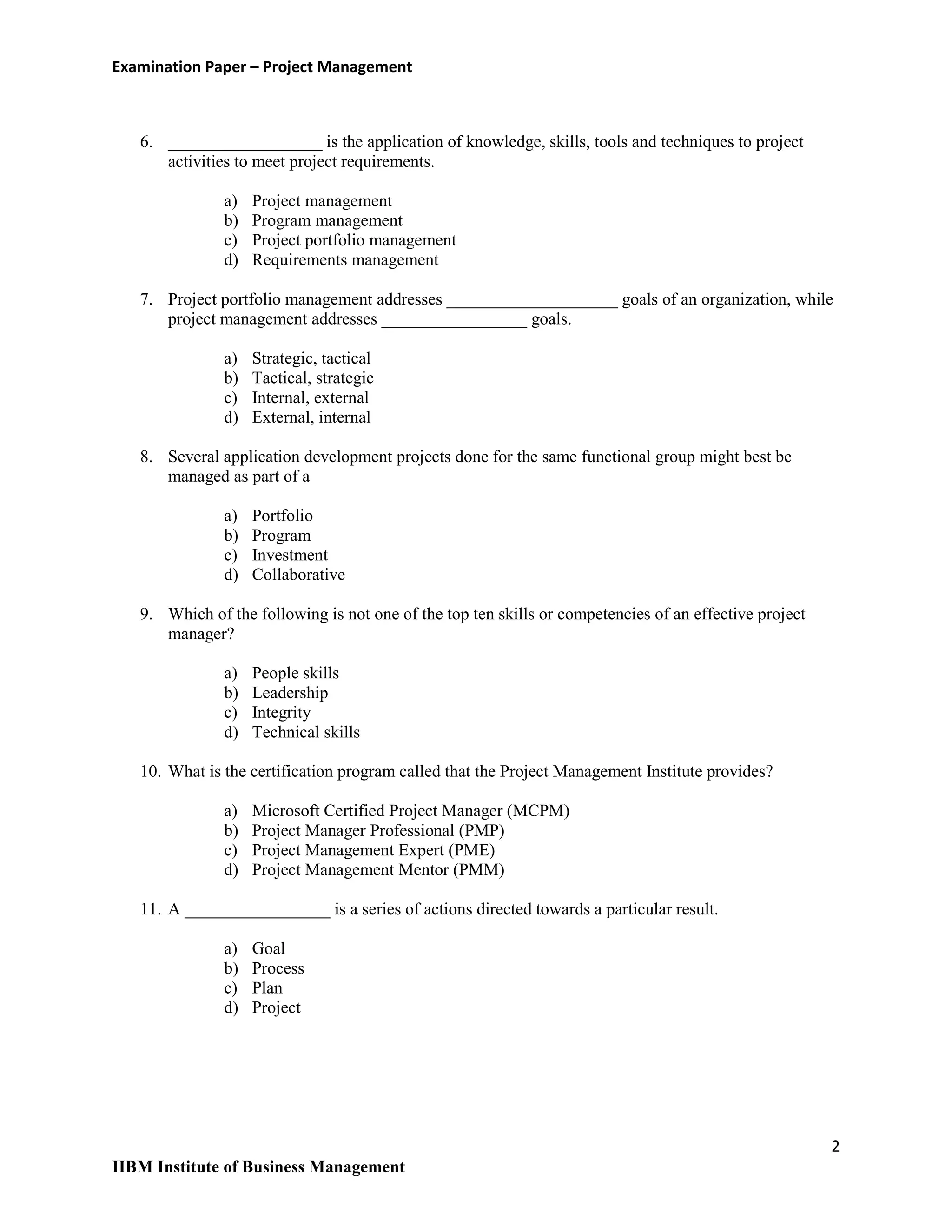 Iibm examination paper of project management | PDF