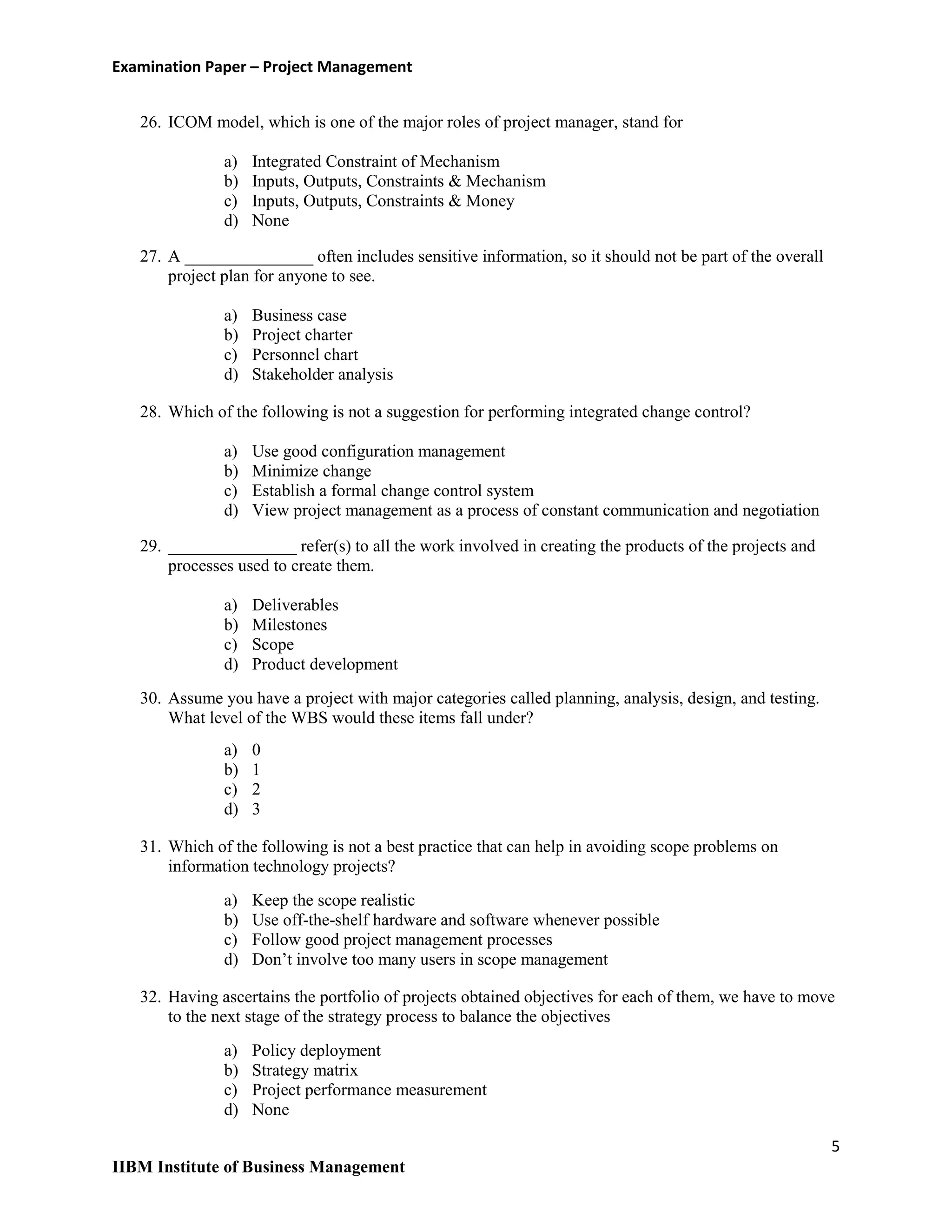 Iibm examination paper of project management | PDF