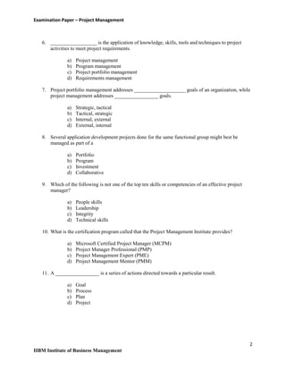 Iibm examination paper of project management | PDF