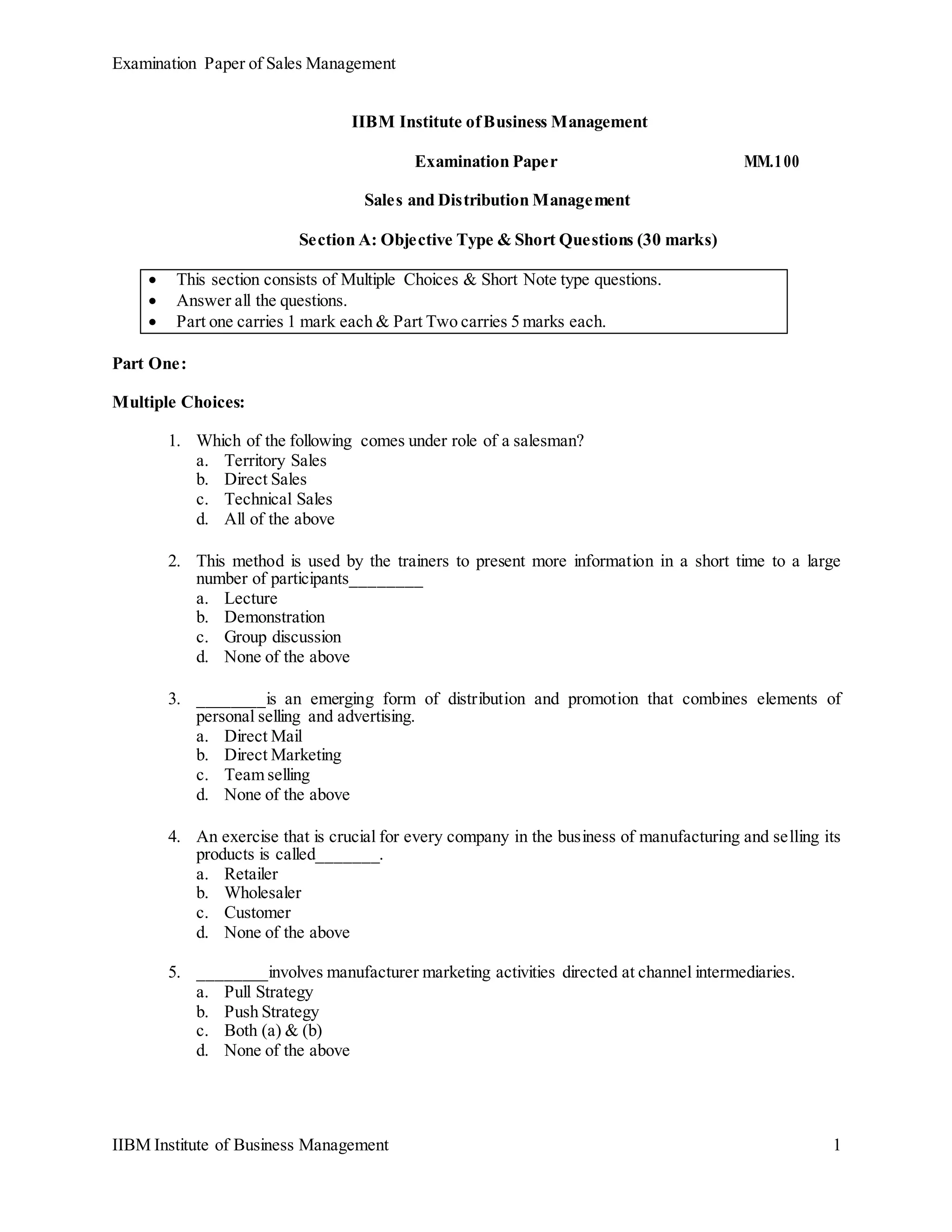 Iibm examination paper_of_sales_management_300813_(elective) (1) | PDF