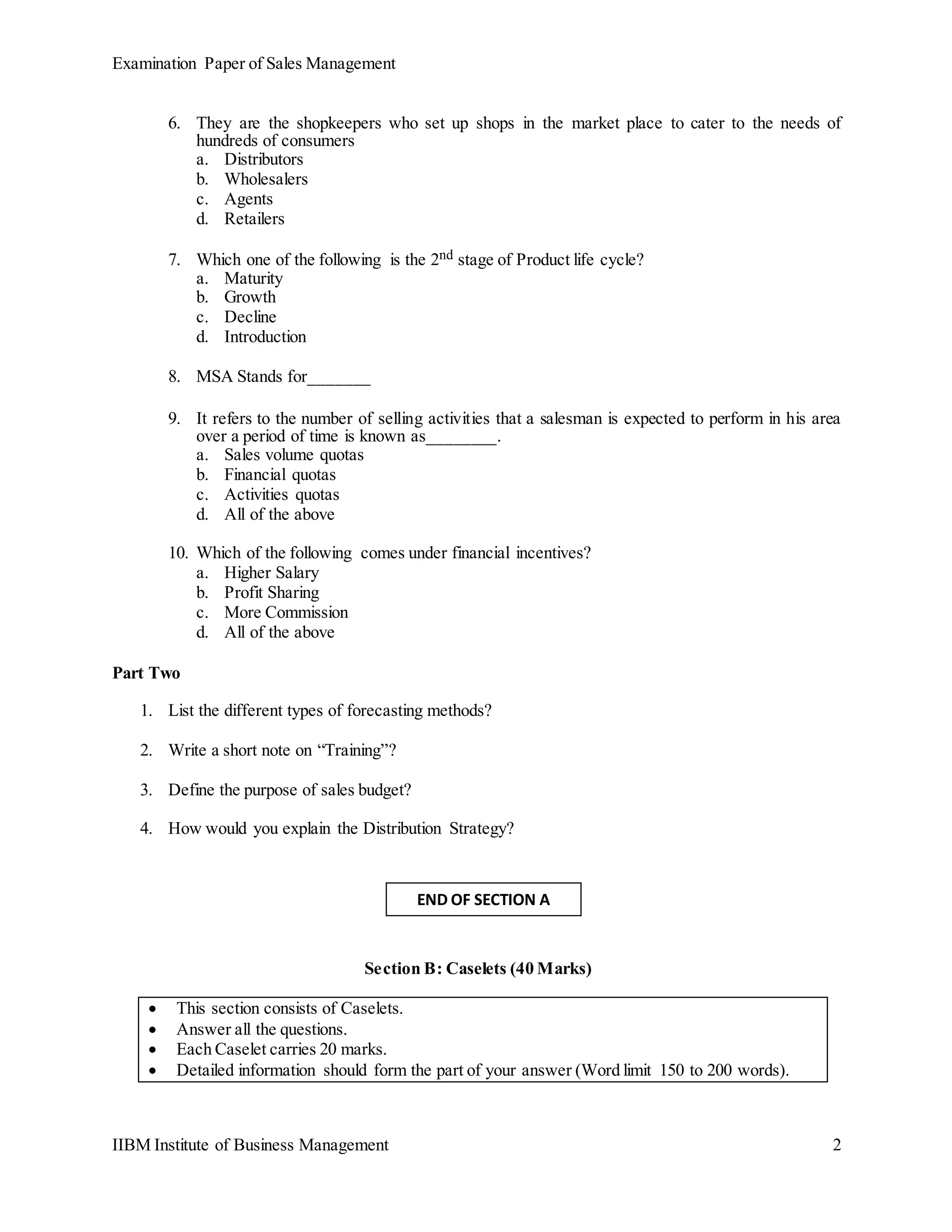 Iibm examination paper_of_sales_management_300813_(elective) (1) | PDF
