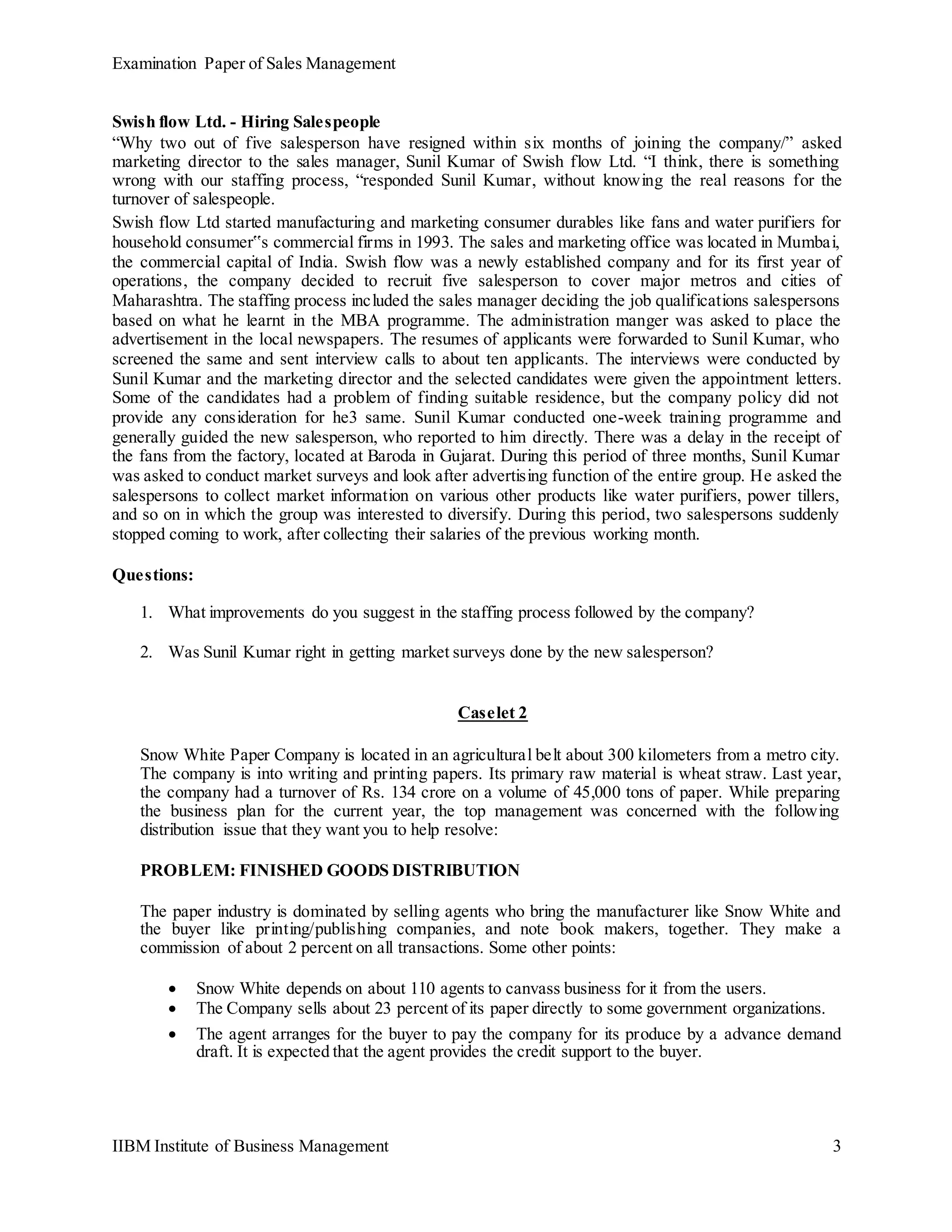 Iibm examination paper_of_sales_management_300813_(elective) (1) | PDF