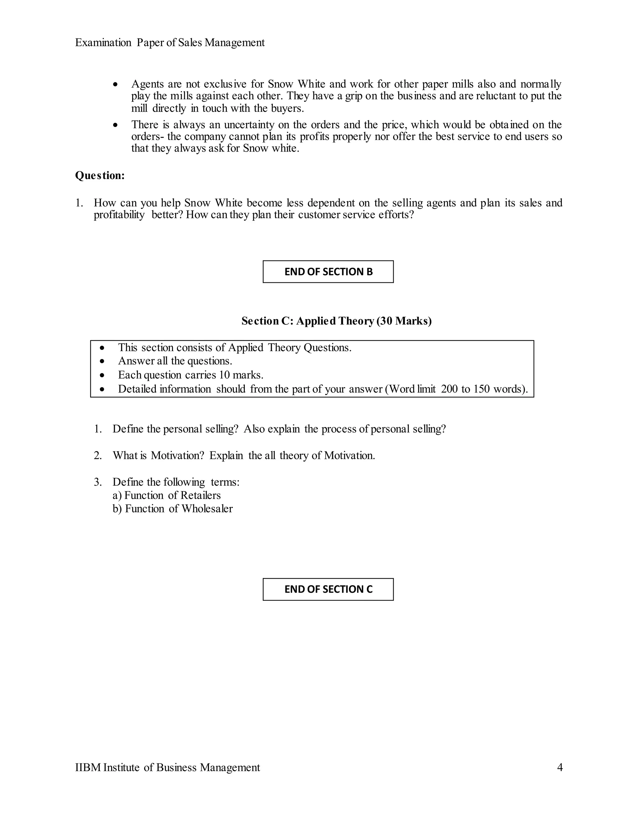 Iibm examination paper_of_sales_management_300813_(elective) (1) | PDF