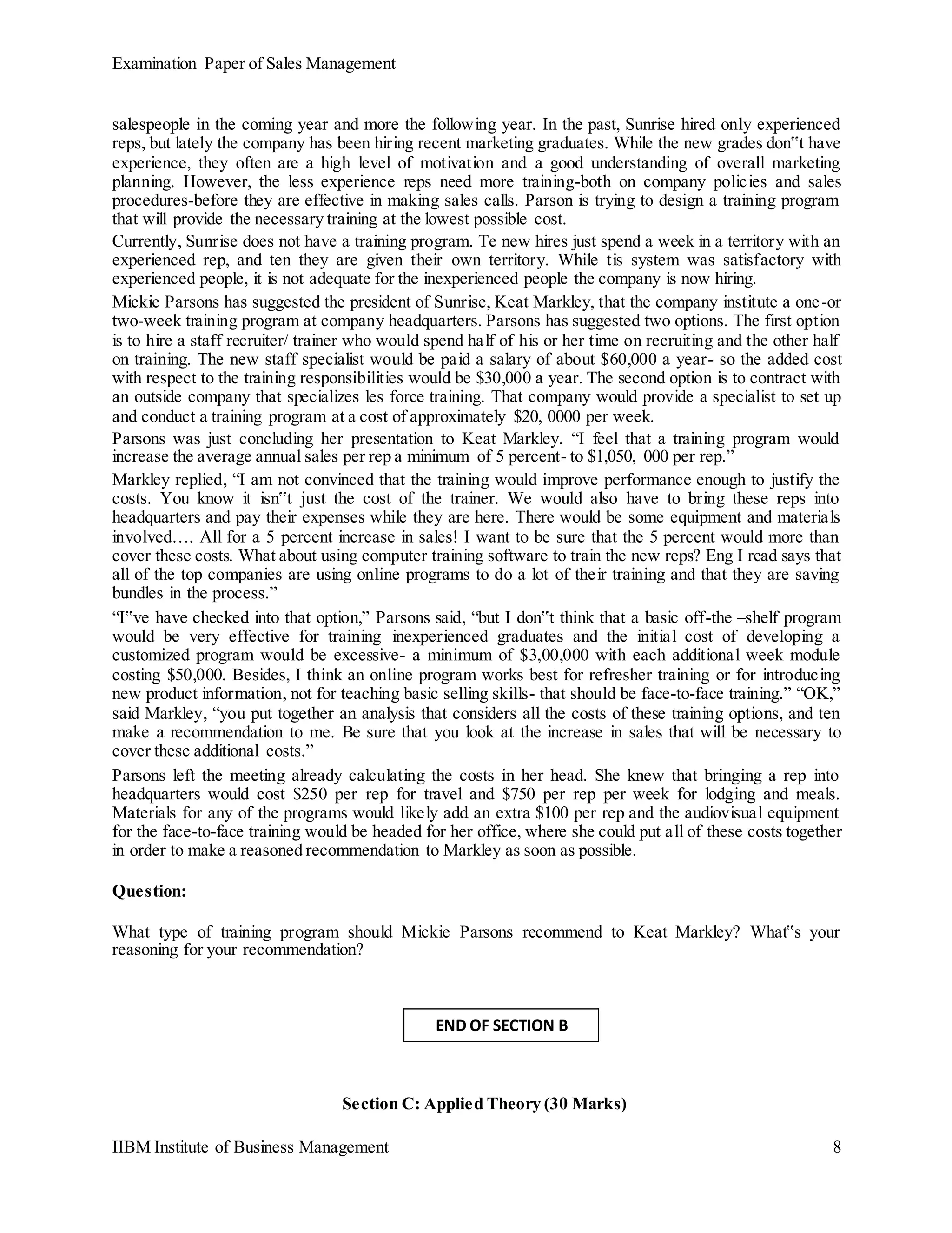 Iibm examination paper_of_sales_management_300813_(elective) (1) | PDF