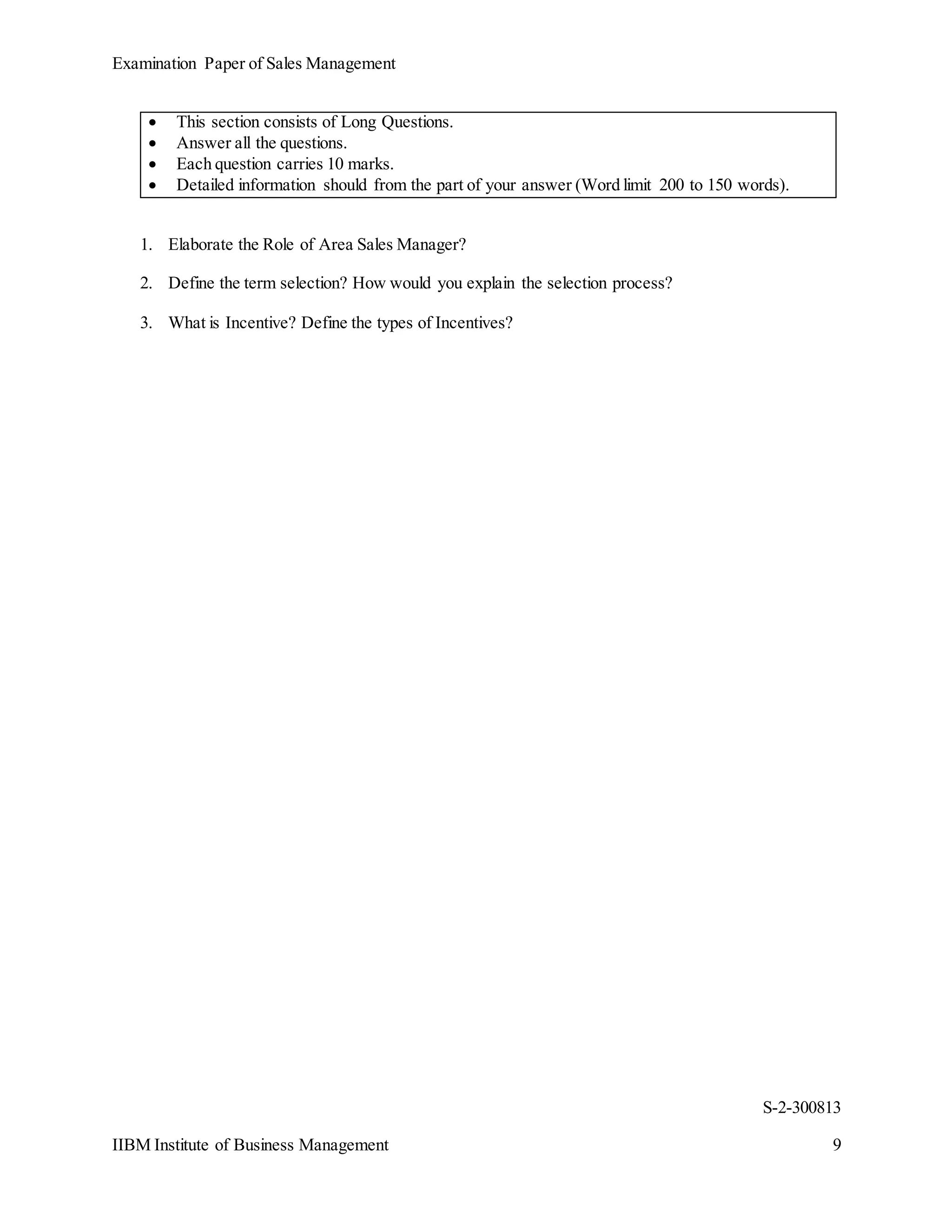 Iibm examination paper_of_sales_management_300813_(elective) (1) | PDF