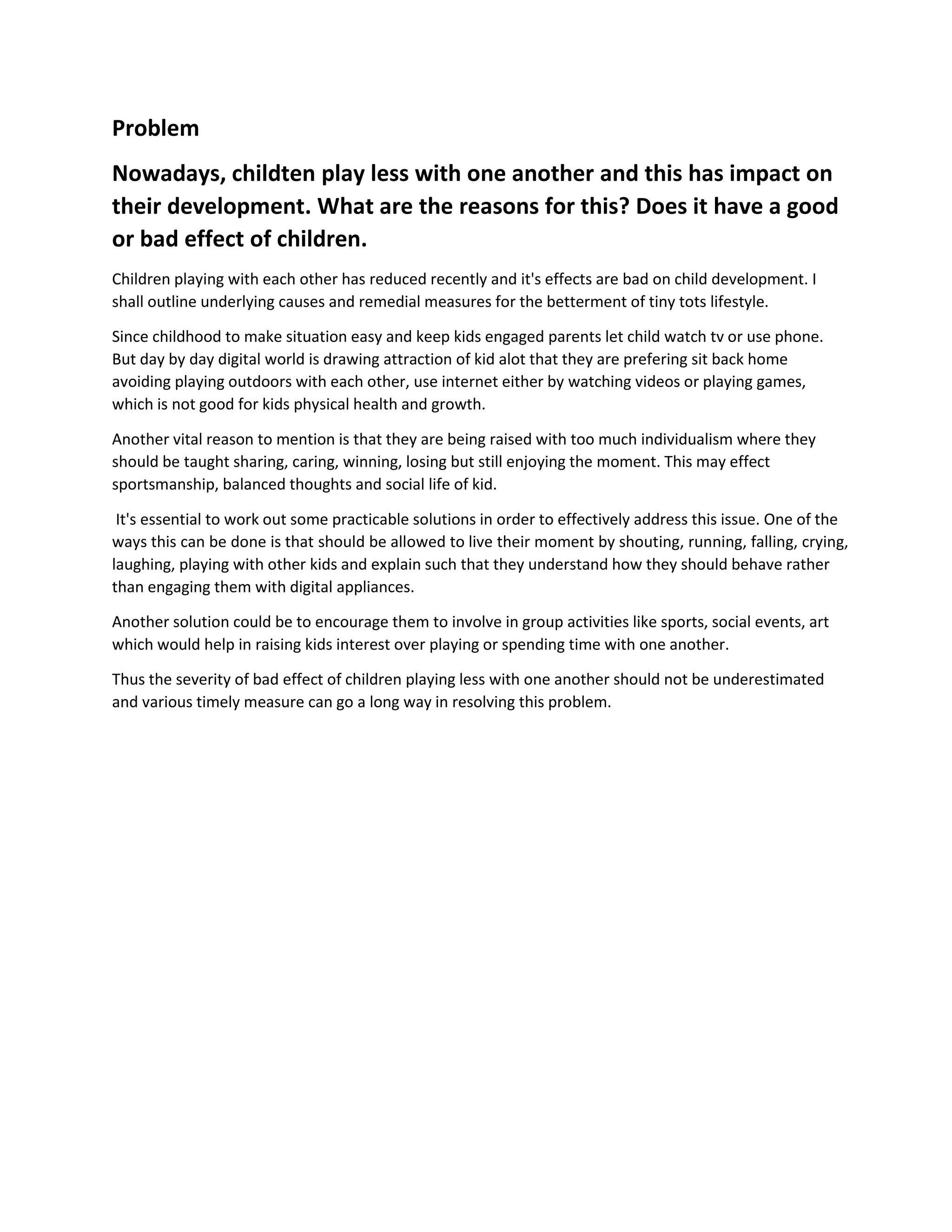 IELTS problem solution essay: with children play less | PDF
