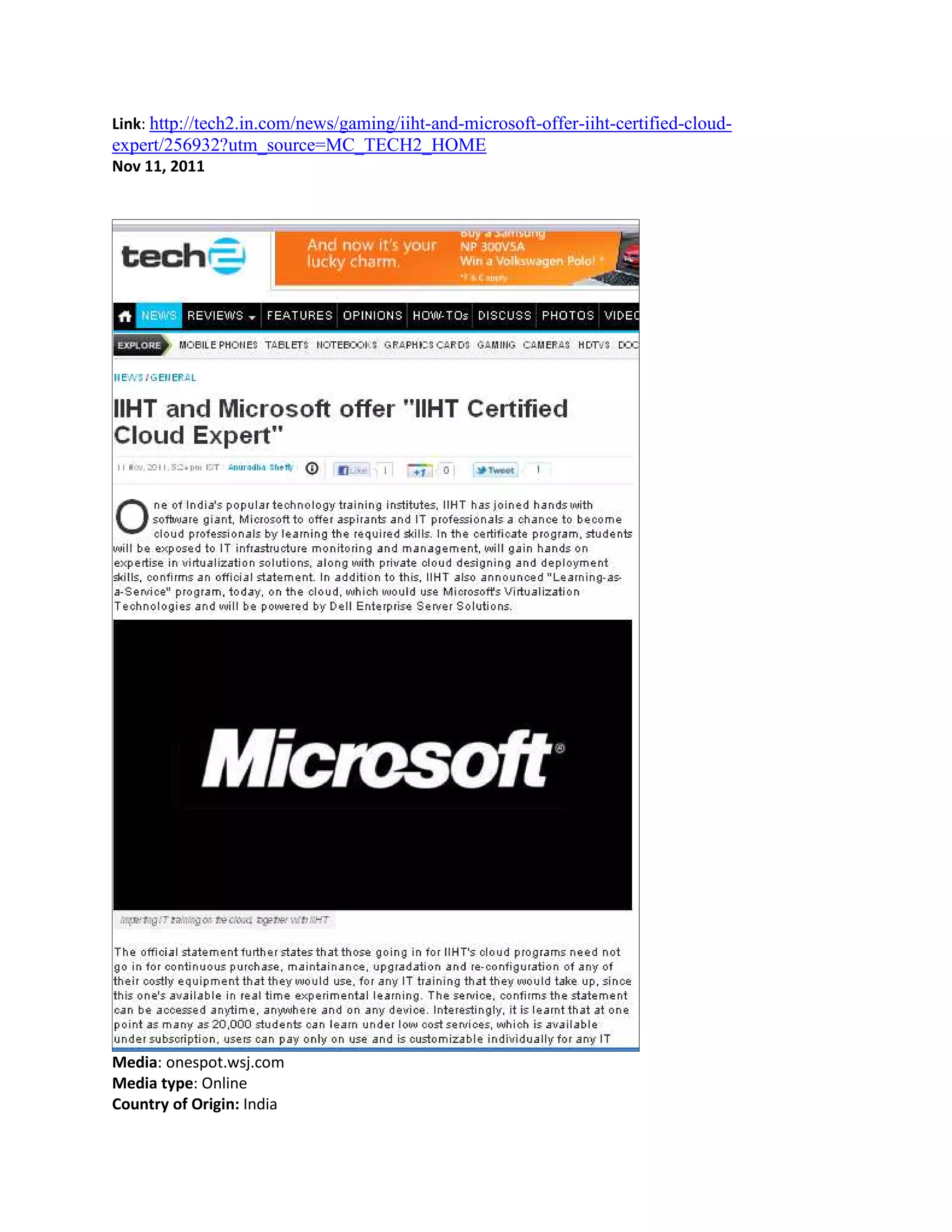 Iiht limited bangalore partners with microsoft | PDF