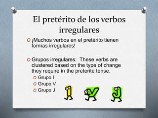 III- El pretérito de los verbos irregulares (los grupos I, V, J, U ...